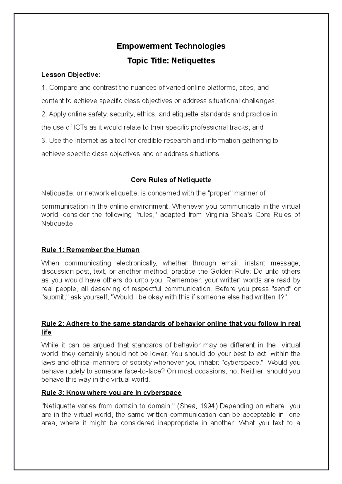 01- Netiquetes - Empowerment Technologies Topic Title: Netiquettes ...