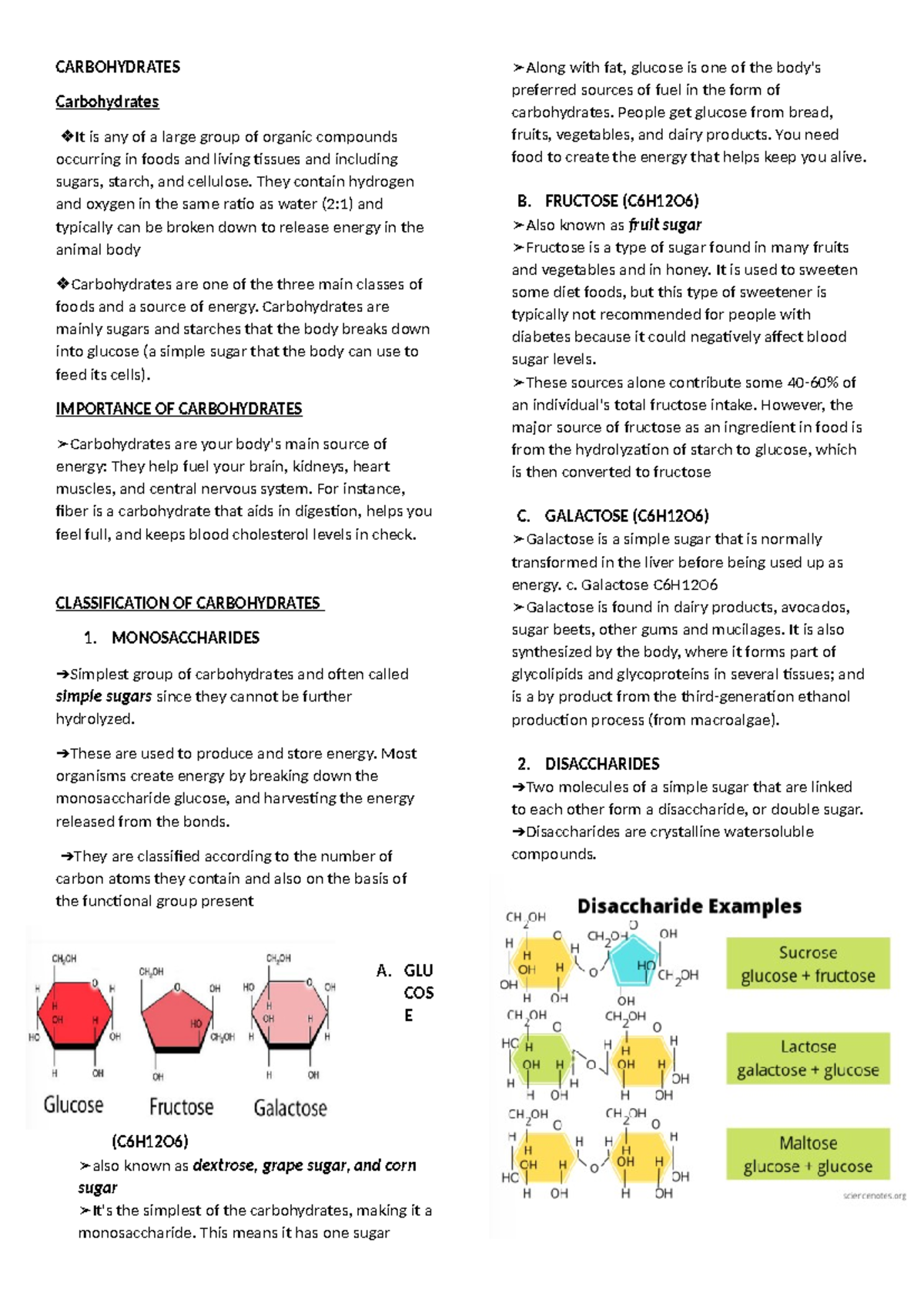 Carbohydrates- Lecture Notes - CARBOHYDRATES Carbohydrates It is any of ...