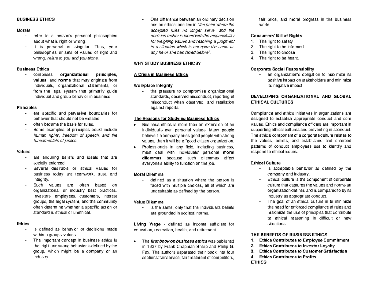 BACC104-Prelim-Handout - BUSINESS ETHICS Morals - refer to a person's ...