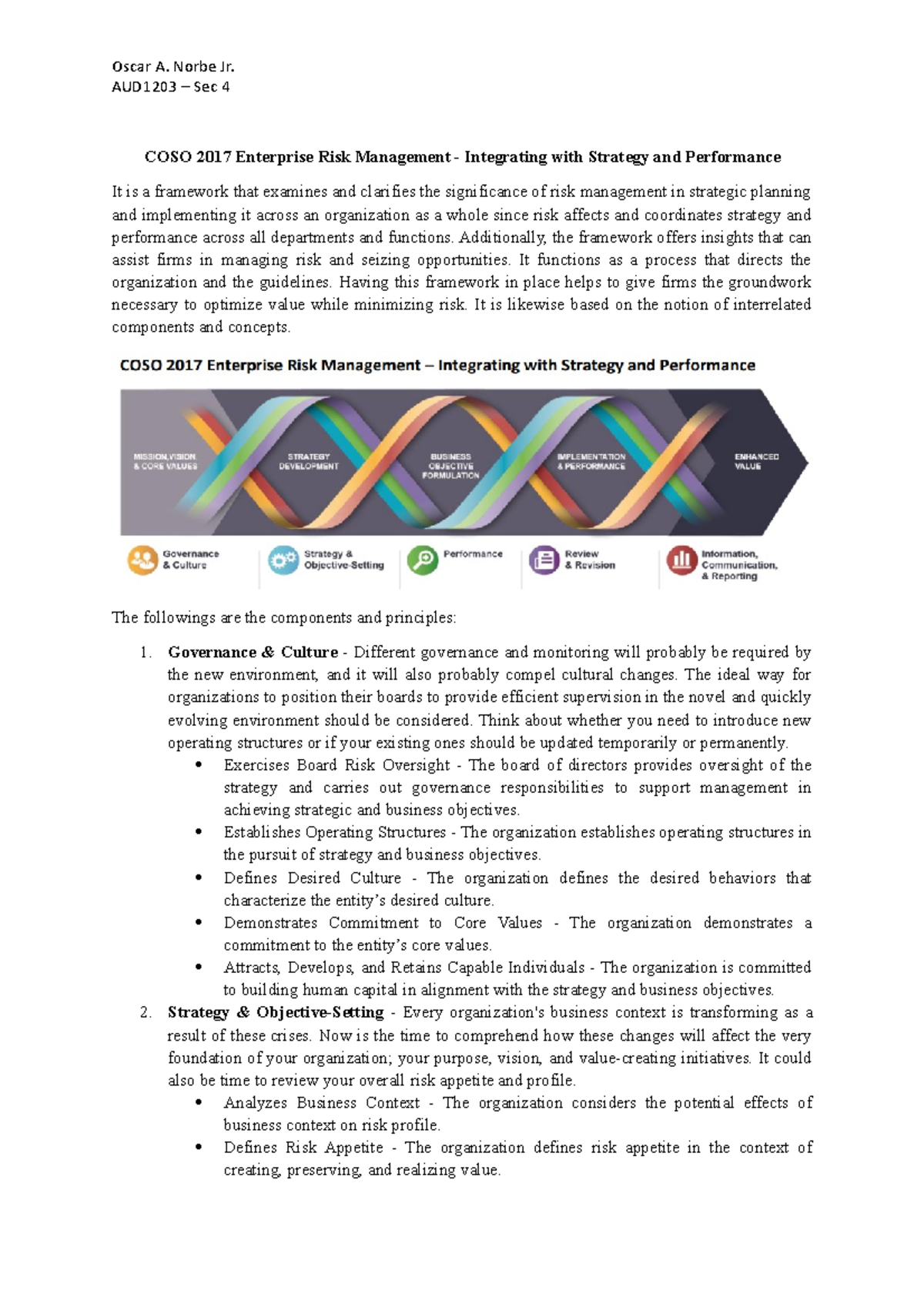 COSO 2017 Enterprise Risk Management - Oscar A. Norbe Jr. AUD1203 – Sec ...