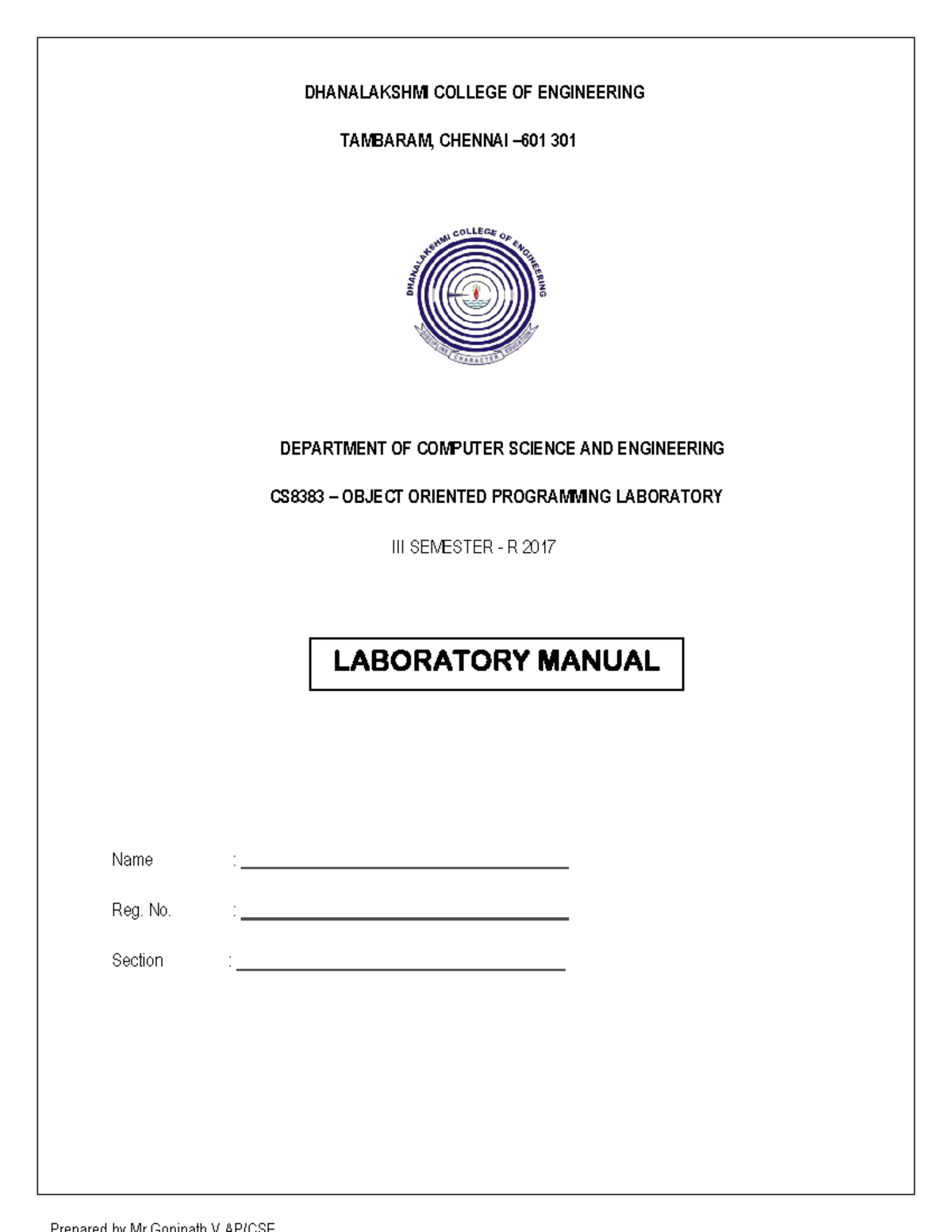Cs 8383 Cse Oop Lab Manual Laboratory Manual Dhanalakshmi College Of 4650