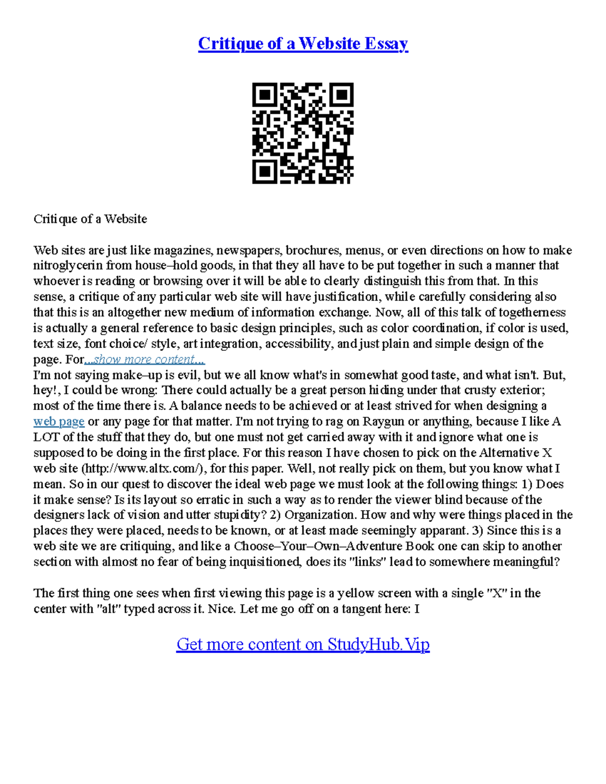 Critique Essay Format - Critique of a Website Essay Critique of a ...