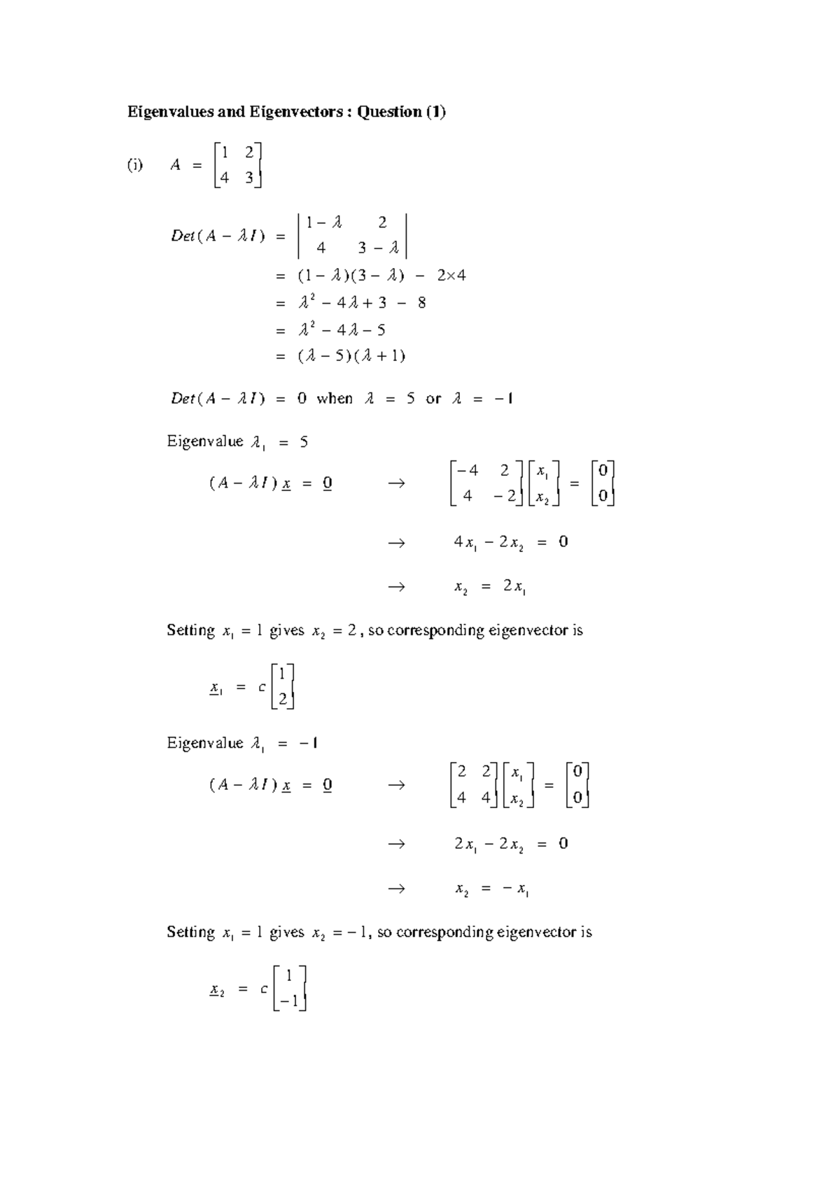 Tutorial 1 Solution - Eigenvalues and Eigenvectors : Question (1) (i ...
