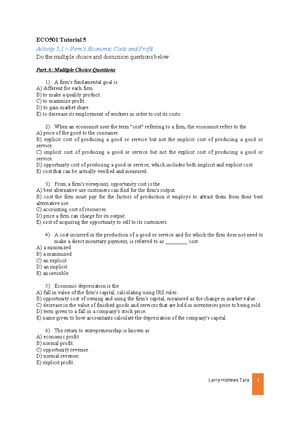 Tutorial 8 Questions - ECO501 – Principles of Economics Tutorial 8 ...