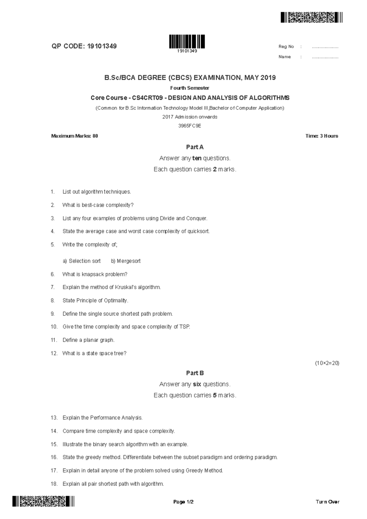 DAA2019 - DAA previous year question paper 2019 MG university - QP CODE ...