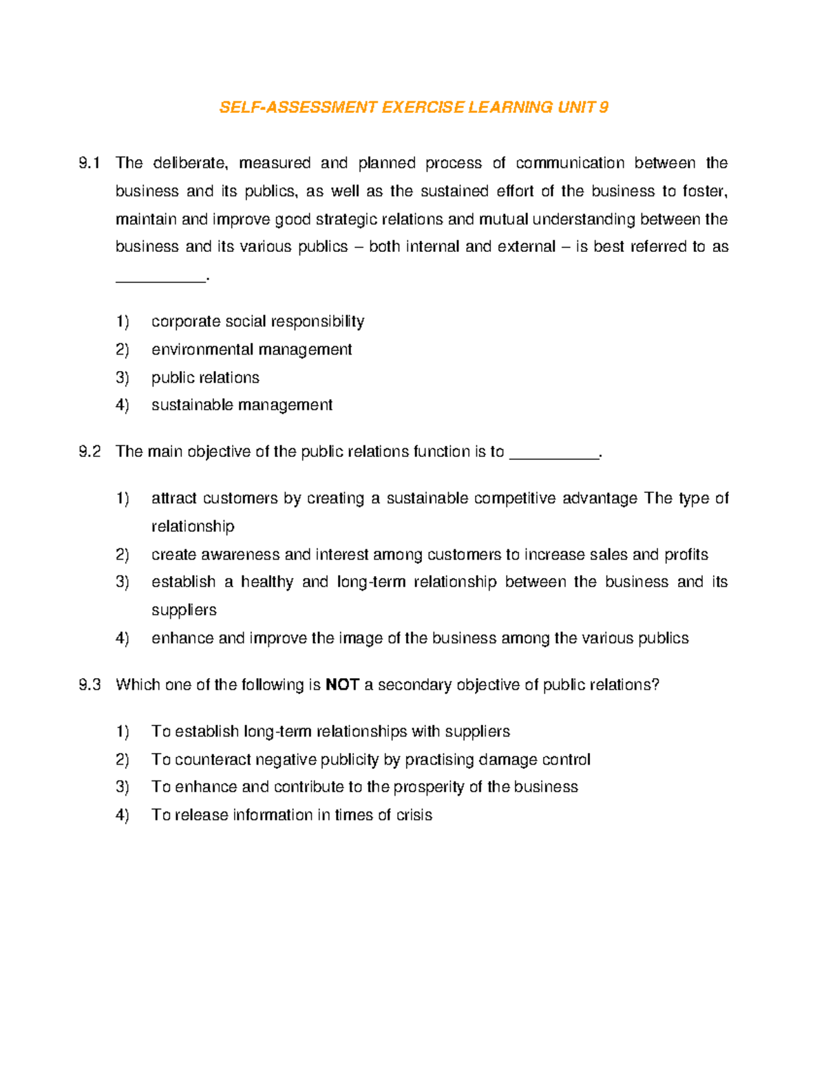 Self-assessment exercise Learning Unit 9 - SELF-ASSESSMENT EXERCISE LEARNING UNIT 9 9 The - Studocu