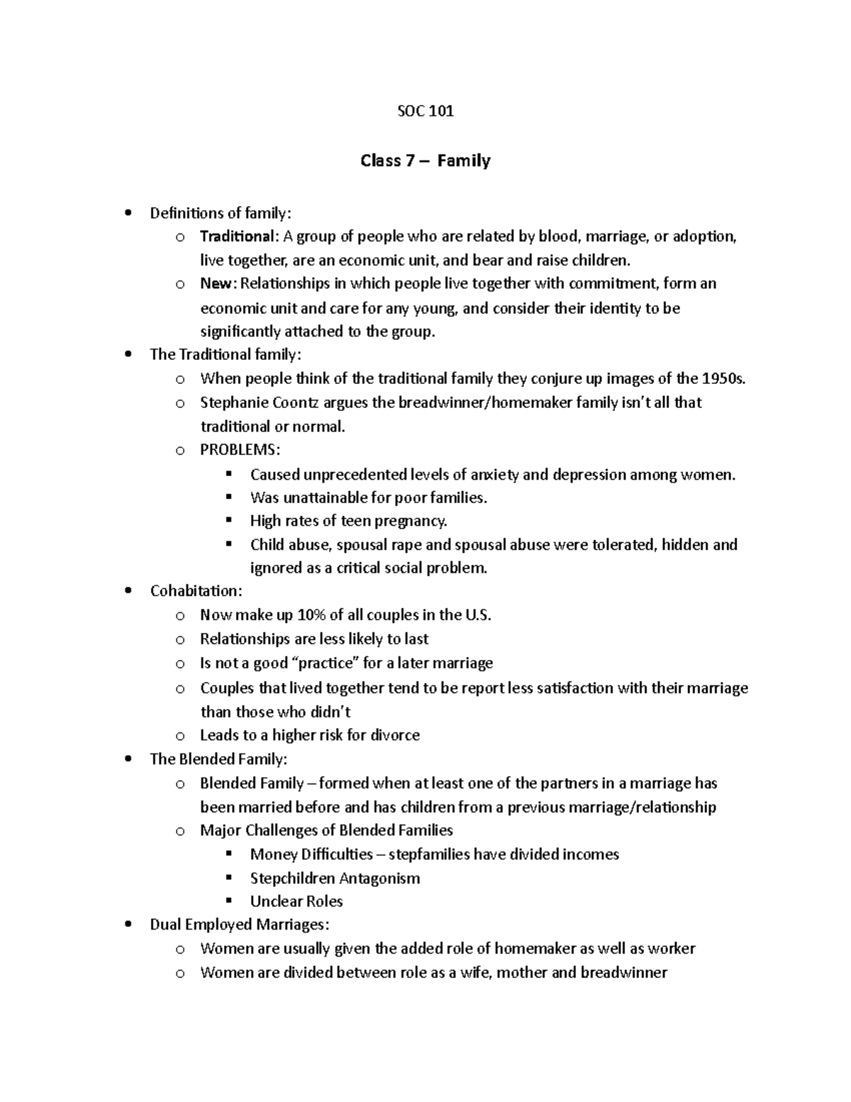 SOC 101 Class 7 - Lecture notes 7 - SOC 101 Class 7 Family Definitions ...