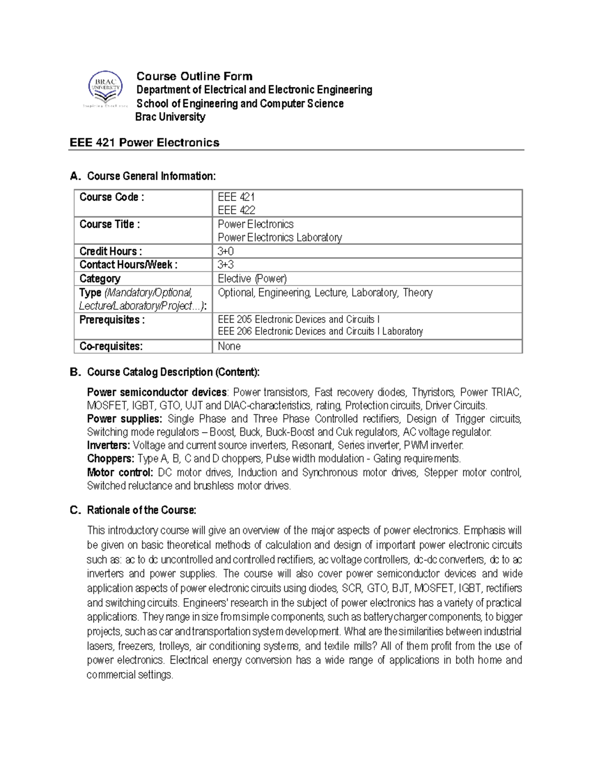 EEE 421 Power Electronics Course outline - Course Outline Form ...