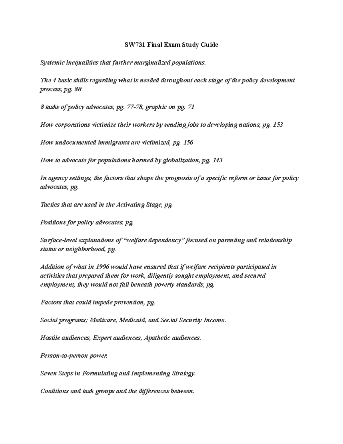 SW731 Final Exam Study Guide - SW731 Final Exam Study Guide Systemic ...