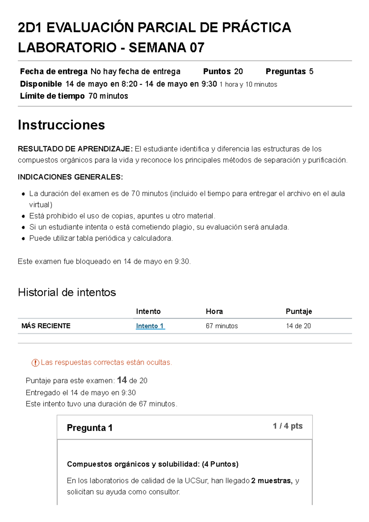 2D1 Evaluación Parcial DE Práctica Laboratorio - Semana 07 Química Orgánica 2D TEO 2230-5017 ...