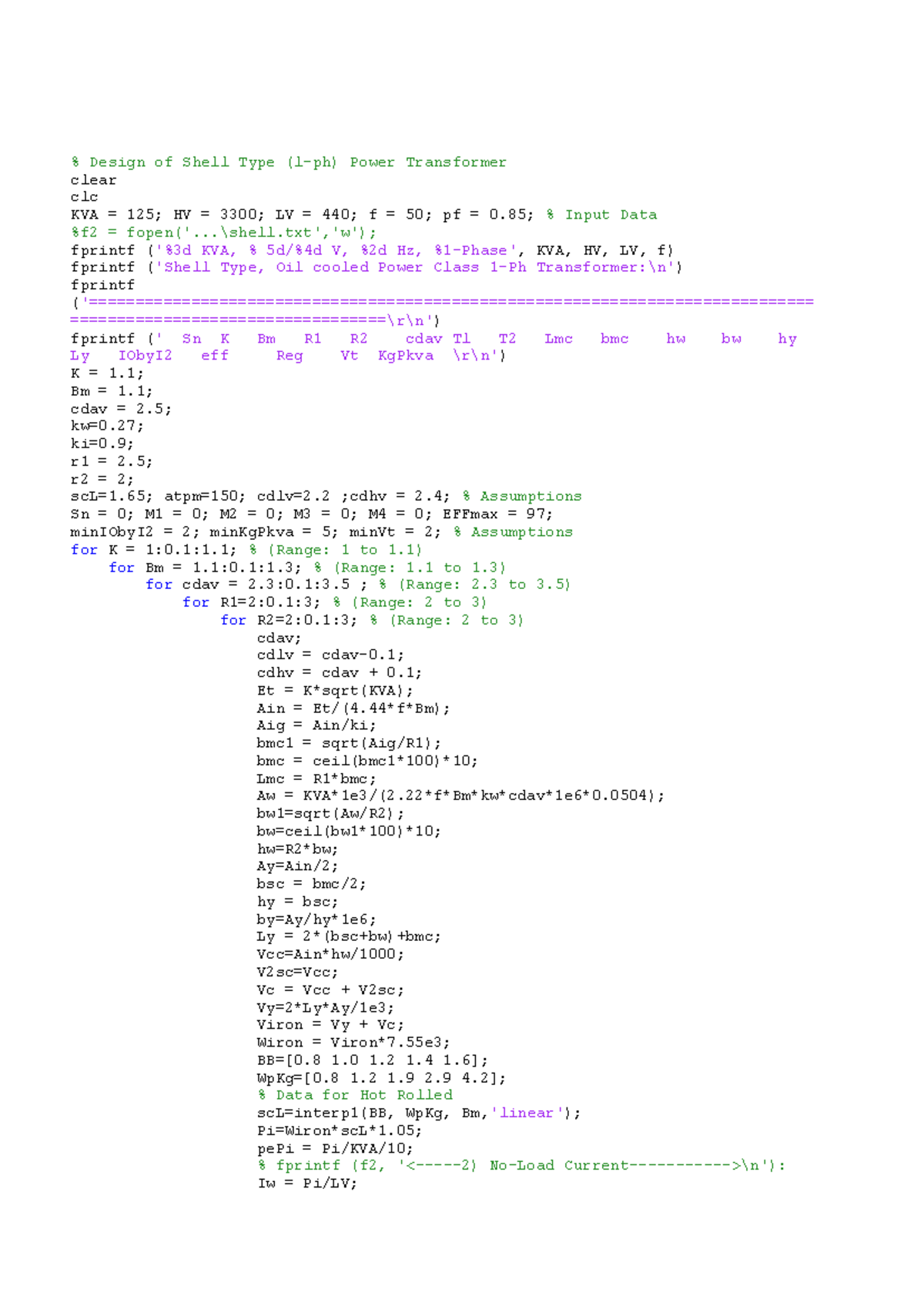 Design of Shell Type1 - ..\shell','w'); fprintf ('%3d KVA, % 5d/%4d V ...