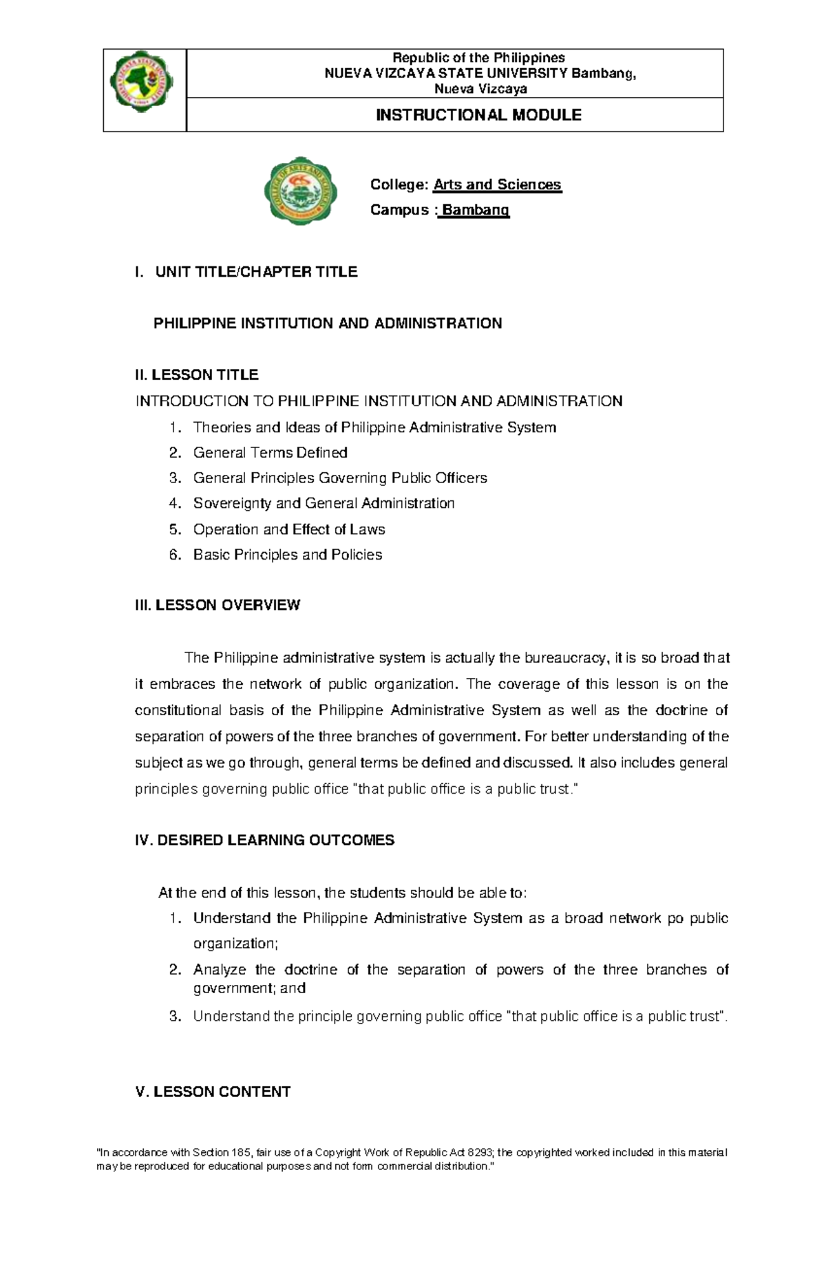 Module 1 Philippine Institution AND Administration - “In accordance with Section 185, fair use ...
