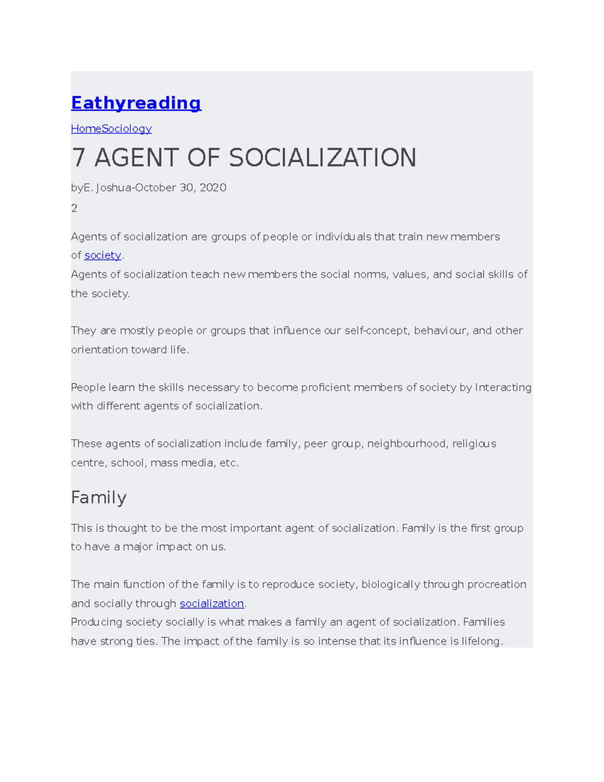 Socialization agents - Lecture notes - Eathyreading HomeSociology 7 ...