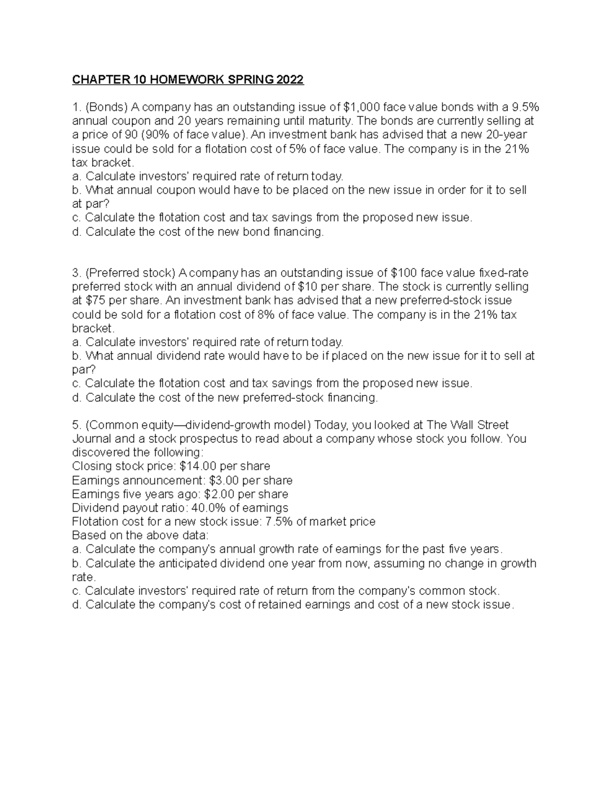 Chapter 10 Homework Problems - CHAPTER 10 HOMEWORK SPRING 2022 (Bonds ...