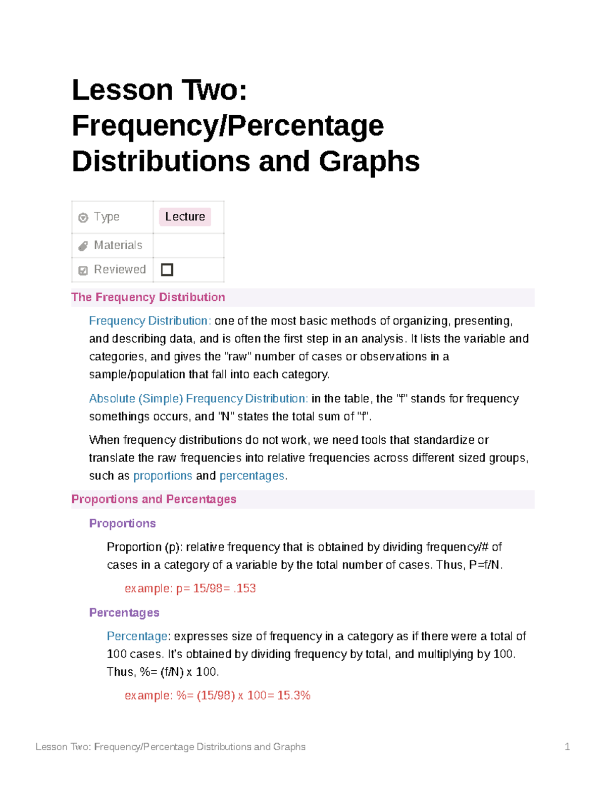 Lesson Two Frequency Percentage Distributions and Graphs - It lists the ...