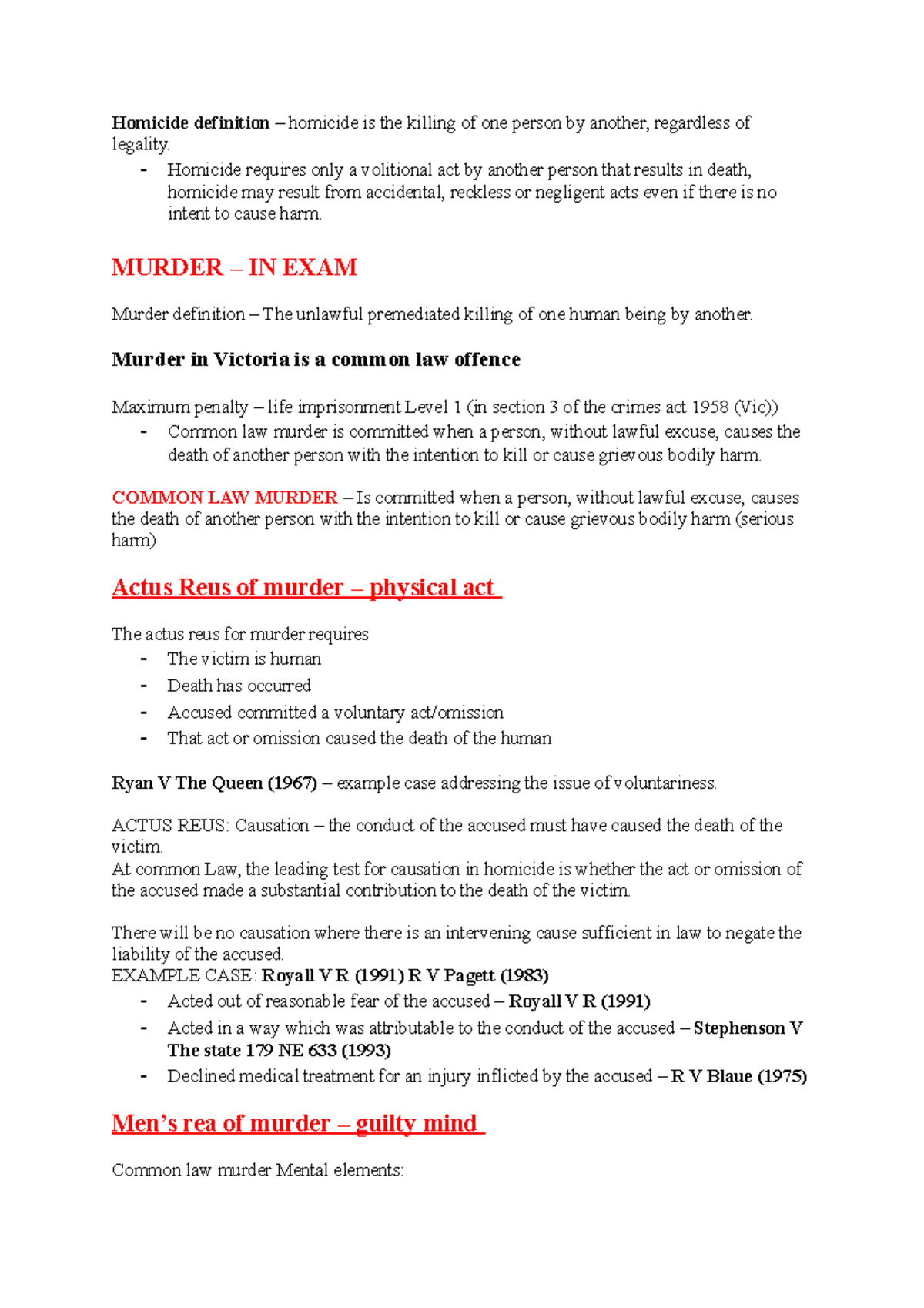 EXAM Notes simplified - Homicide definition – homicide is the killing ...