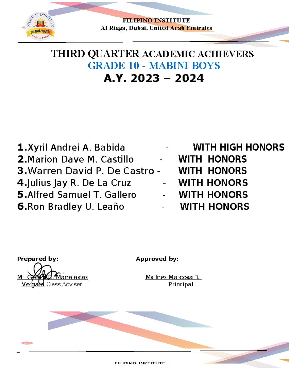 Academic Achievers - FILIPINO INSTITUTE Al Rigga, Dubai, United Arab ...