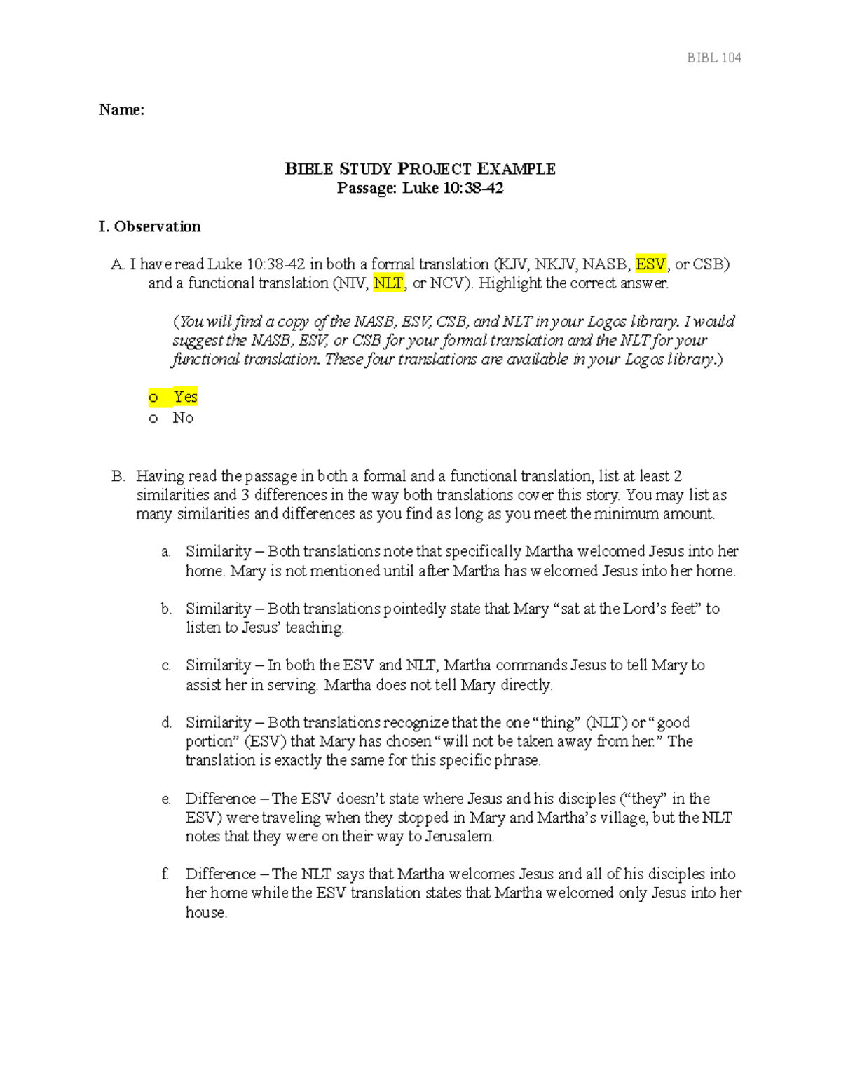 Bible Study Project Example 2 - Name: BIBLE STUDY PROJECT EXAMPLE ...