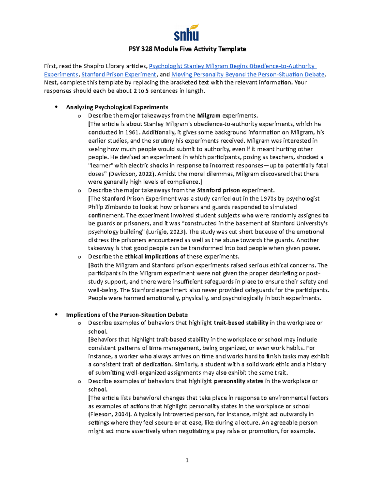 PSY 328 Module Five Activity Template - PSY 328 Module Five Activity Template First, read the ...