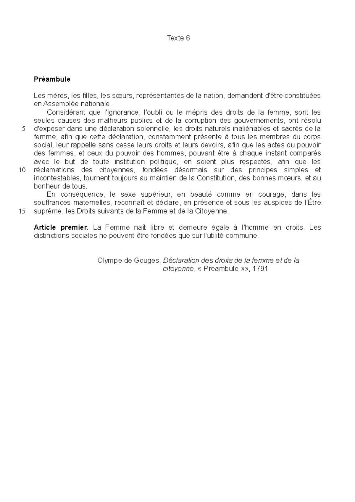 Texte 6 Olympe Préambule + article 1 - Texte 6 Préambule Les mères, les ...