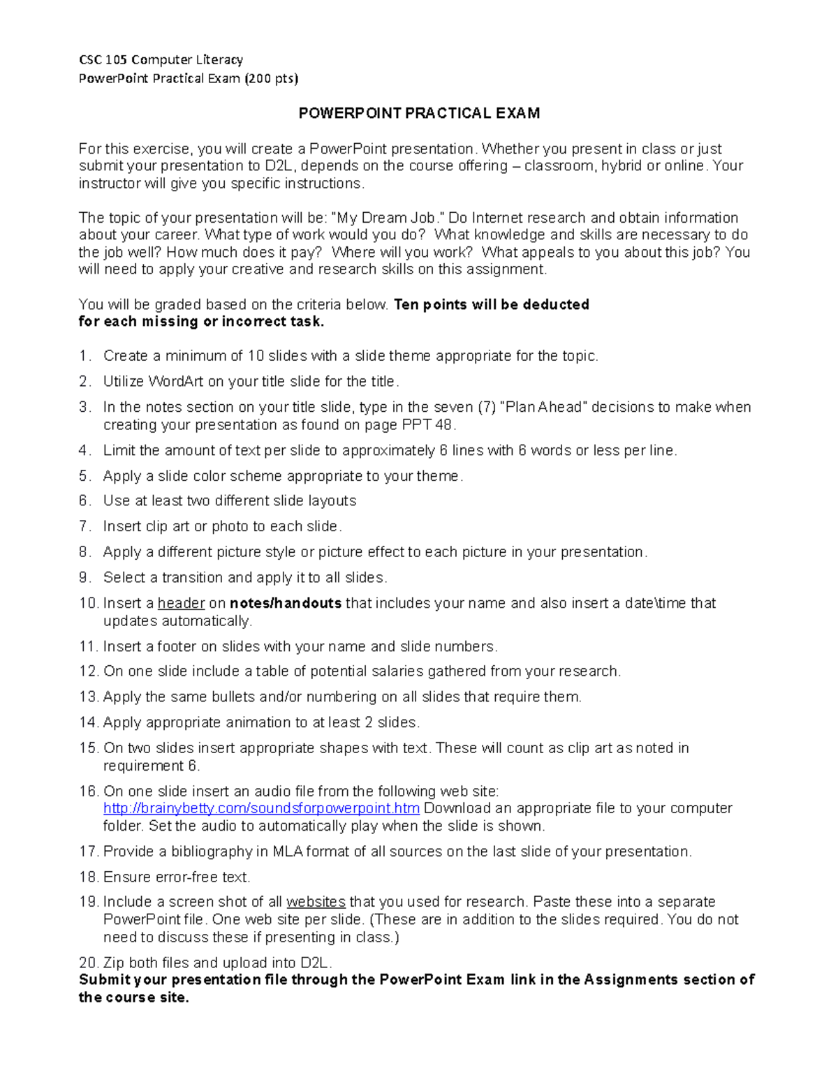 Power Point Practical Exam - CSC 105 Computer Literacy PowerPoint ...