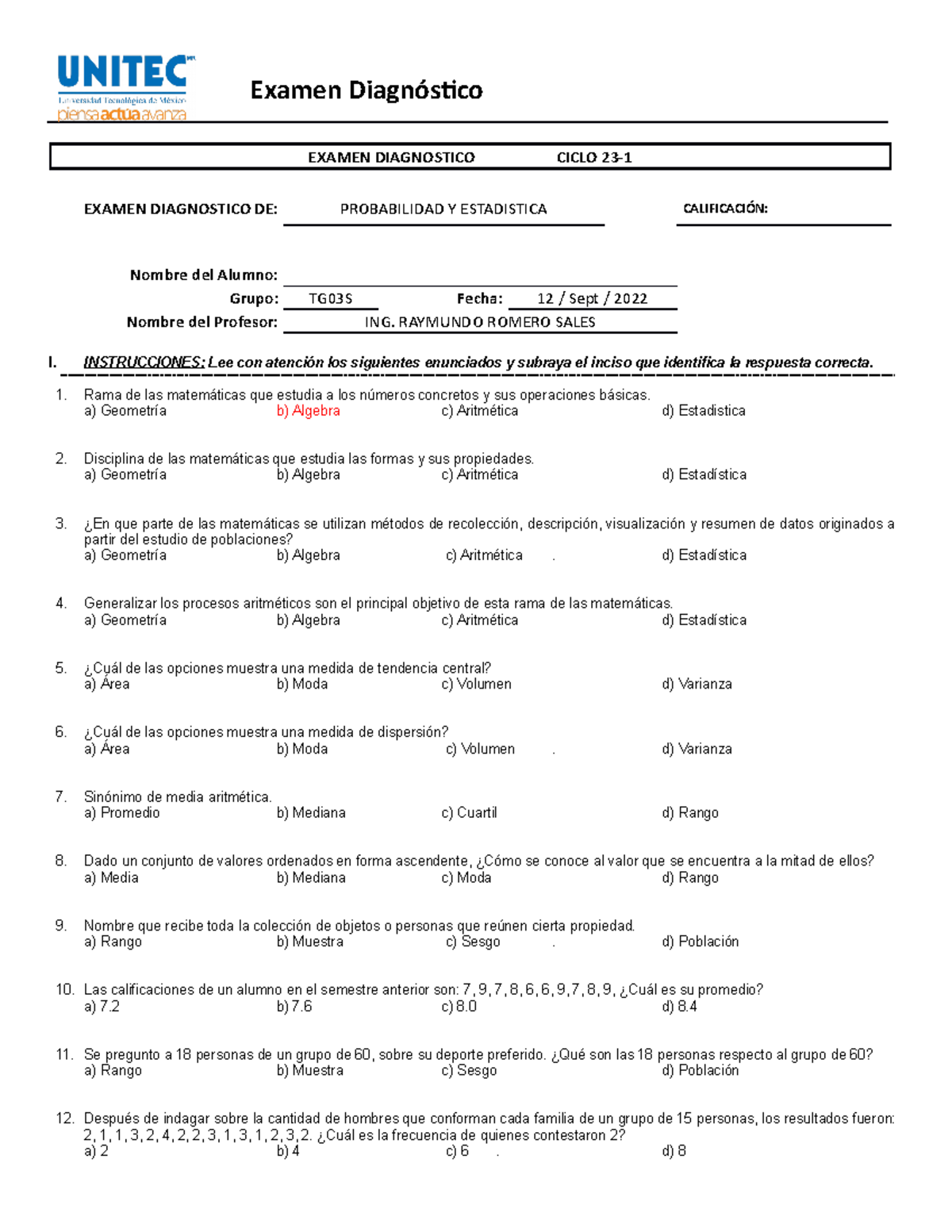 Examen Diagnostico - Examen Diagnóstico EXAMEN DIAGNOSTICO CICLO 23 ...
