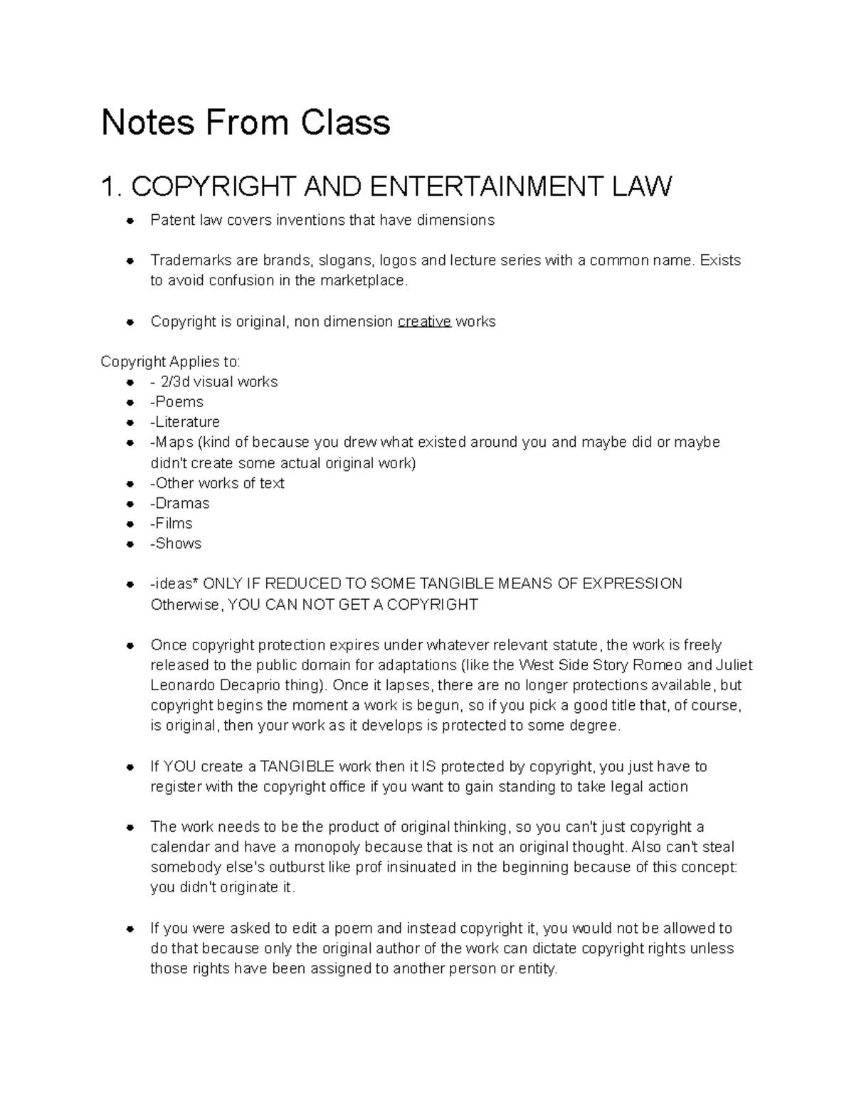 Entertainment Law Outline and Case Bank - Notes From Class 1. COPYRIGHT ...