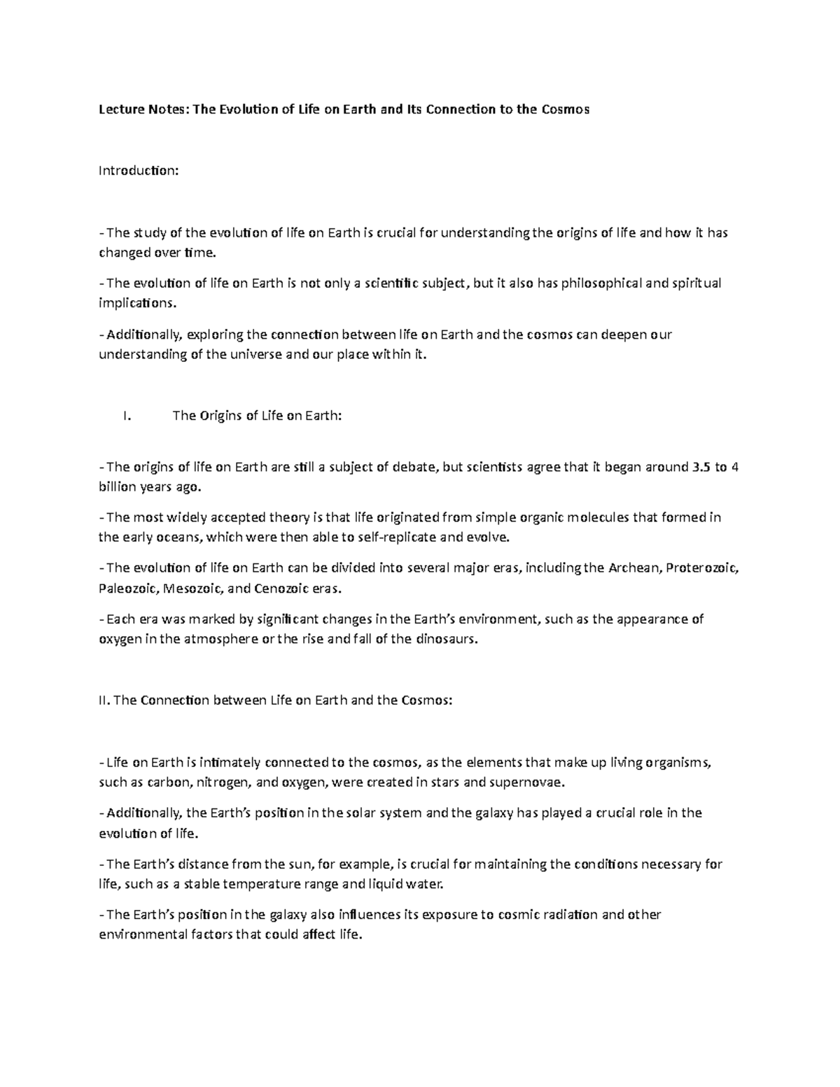 Lecture Notes: The Evolution of Life on Earth and Its Connection to the ...