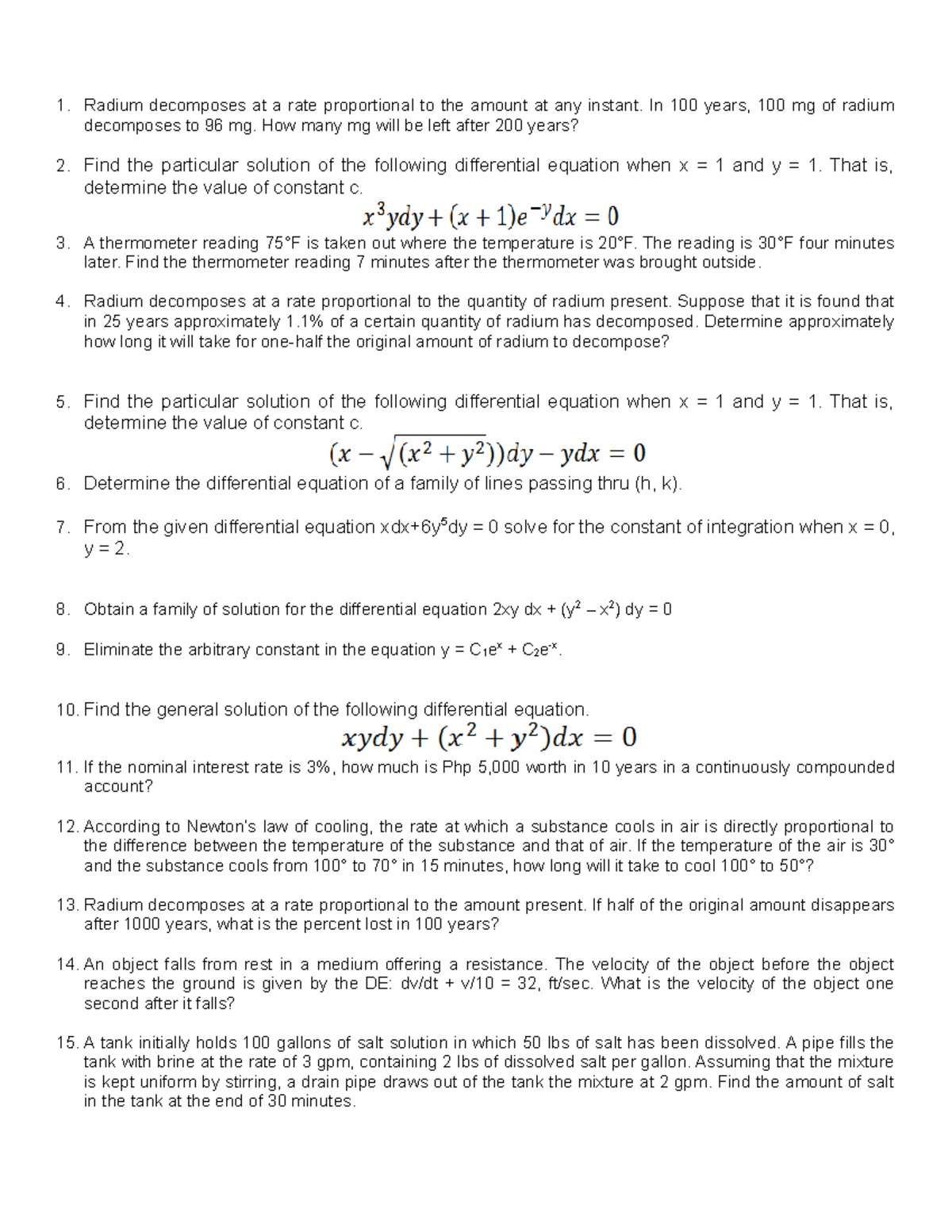 Problemset DE - mathematics - Radium decomposes at a rate proportional ...