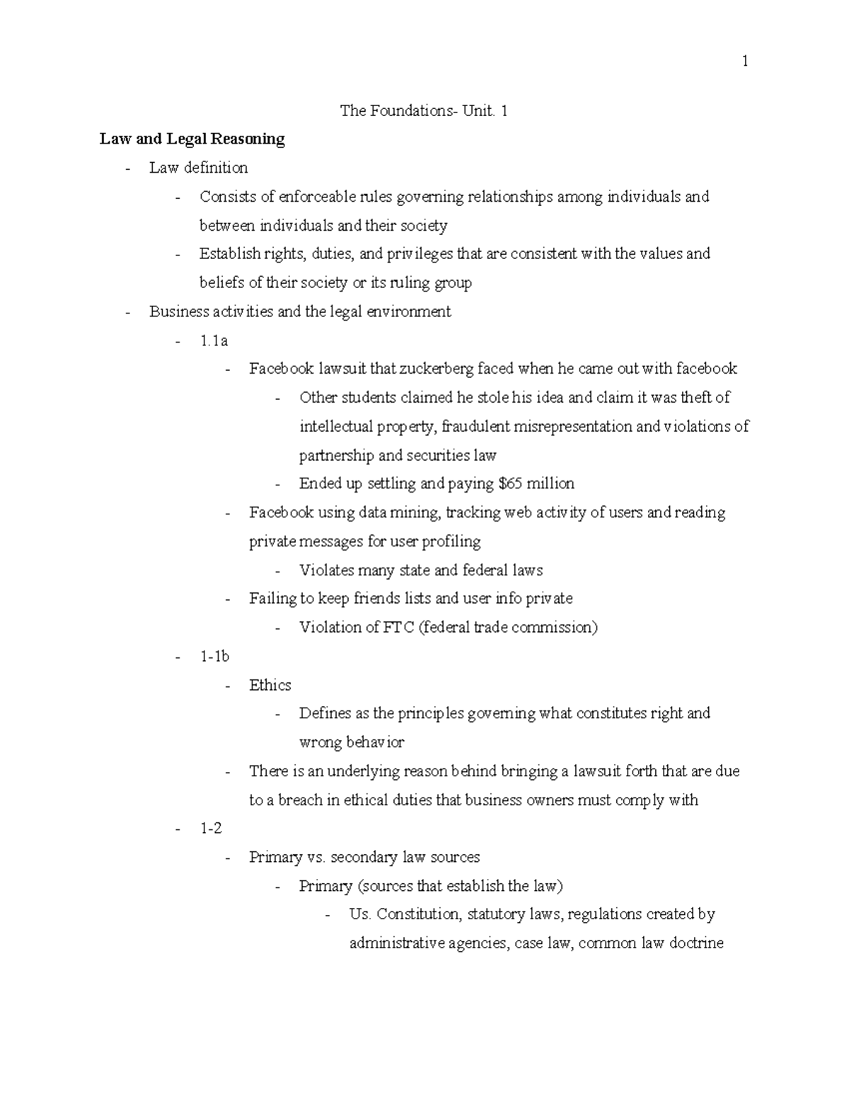 The Legal Environment of Business Unit 1 - The Foundations- Unit. 1 Law ...