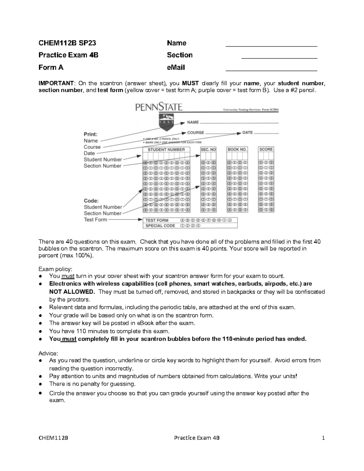 CHEM112BPractice Exam 4B - CHEM112B SP23 Name ...