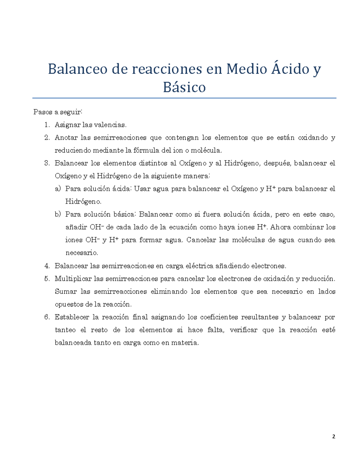Guía de Balanceo Ion Electron en Medio acido y basico - 2 Balanceo de ...