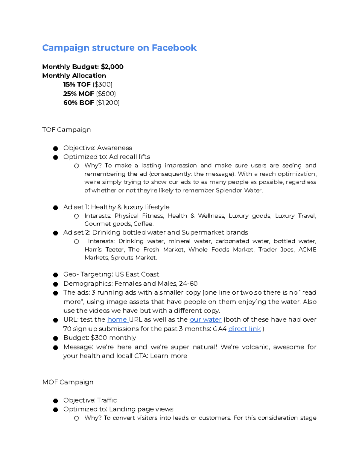 Full funnel campaign structure on Facebook for Splendor Water ...