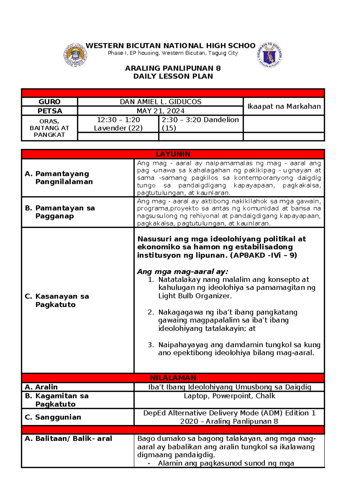 COT 4 - AP 8 - lesson plan - WESTERN BICUTAN NATIONAL HIGH SCHOOL Phase ...