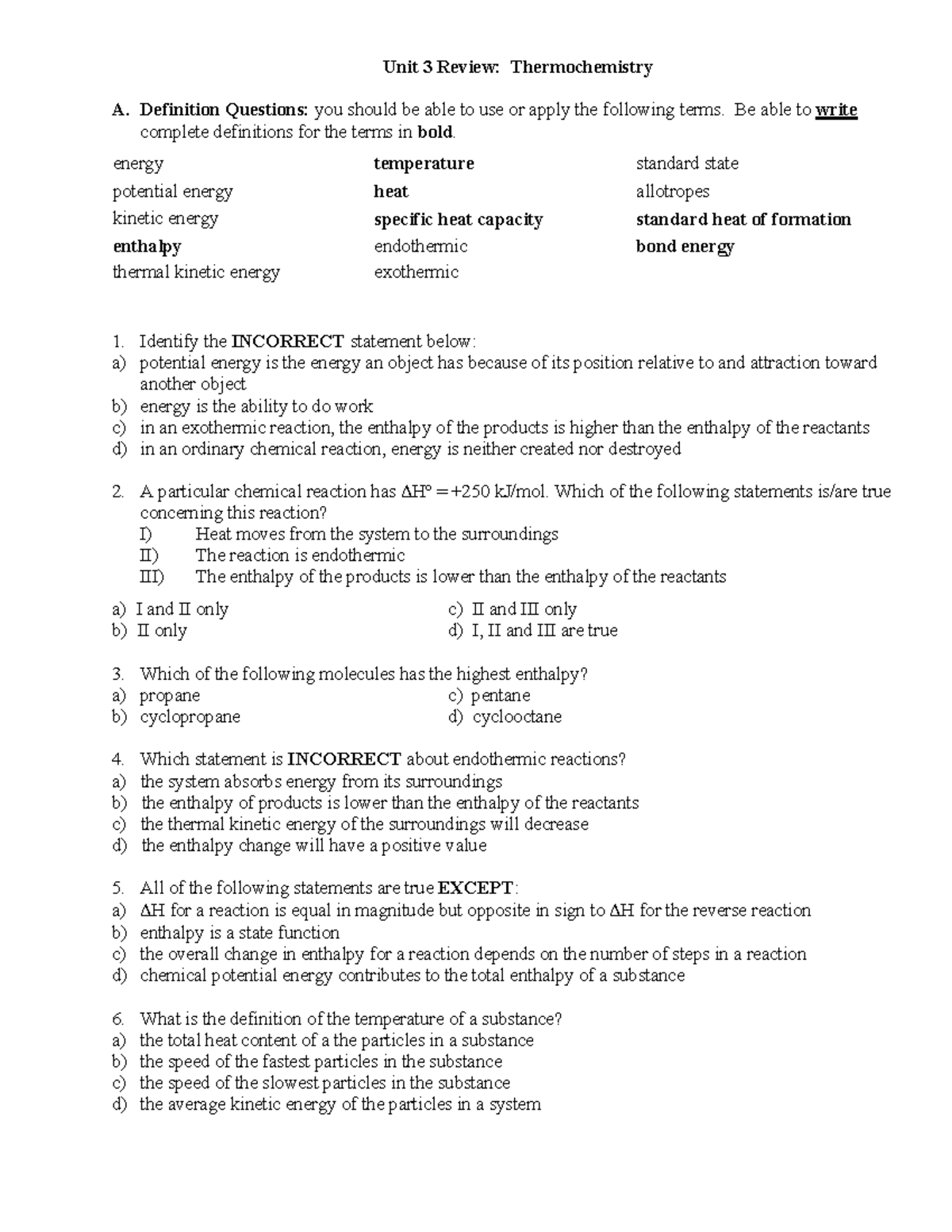 Unit 3 review for thermochemistry unit test corrected - Unit 3 Review ...