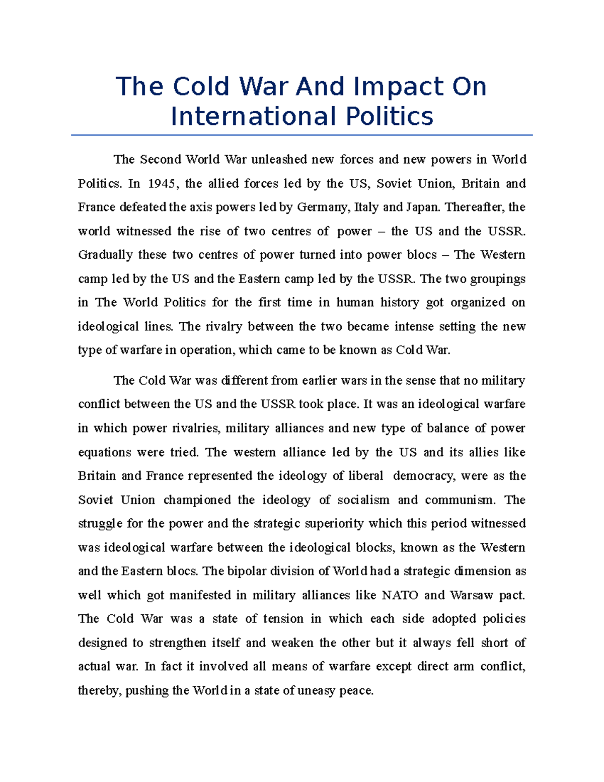 The Cold War And Impact On International Politics - The Cold War And ...