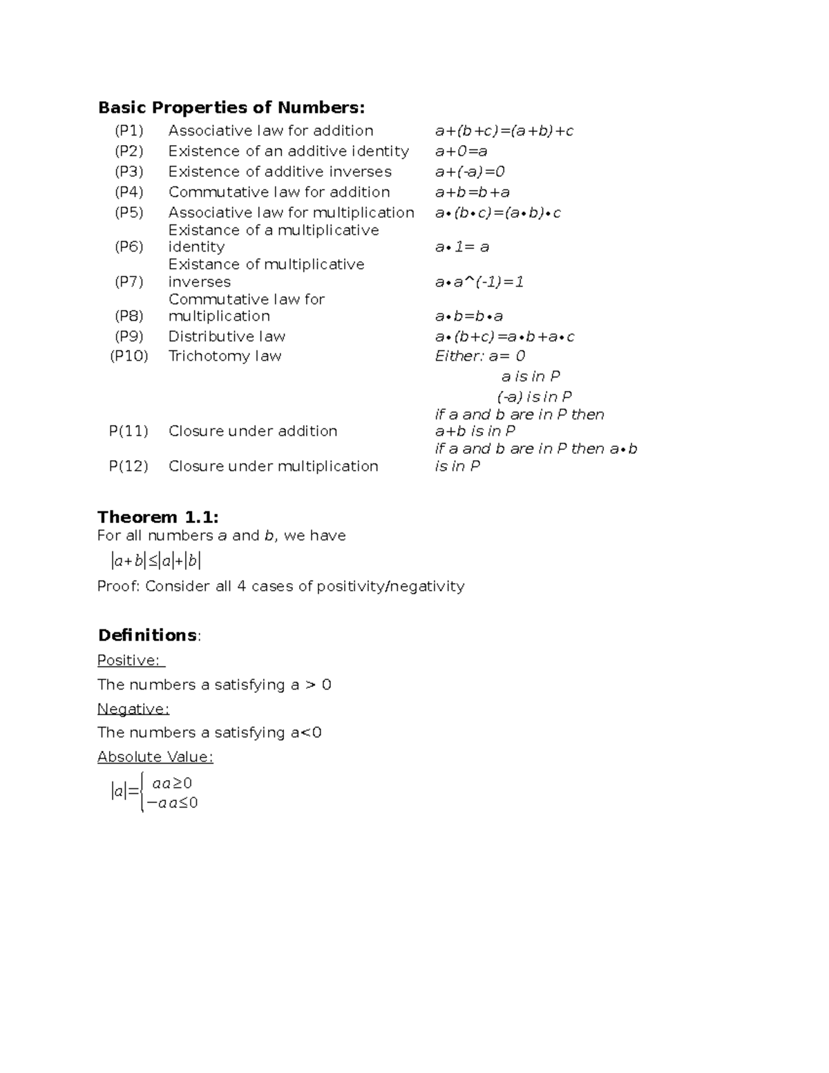 Chapter 1 - Calculus - Basic Properties of Numbers: (P1) Associative ...