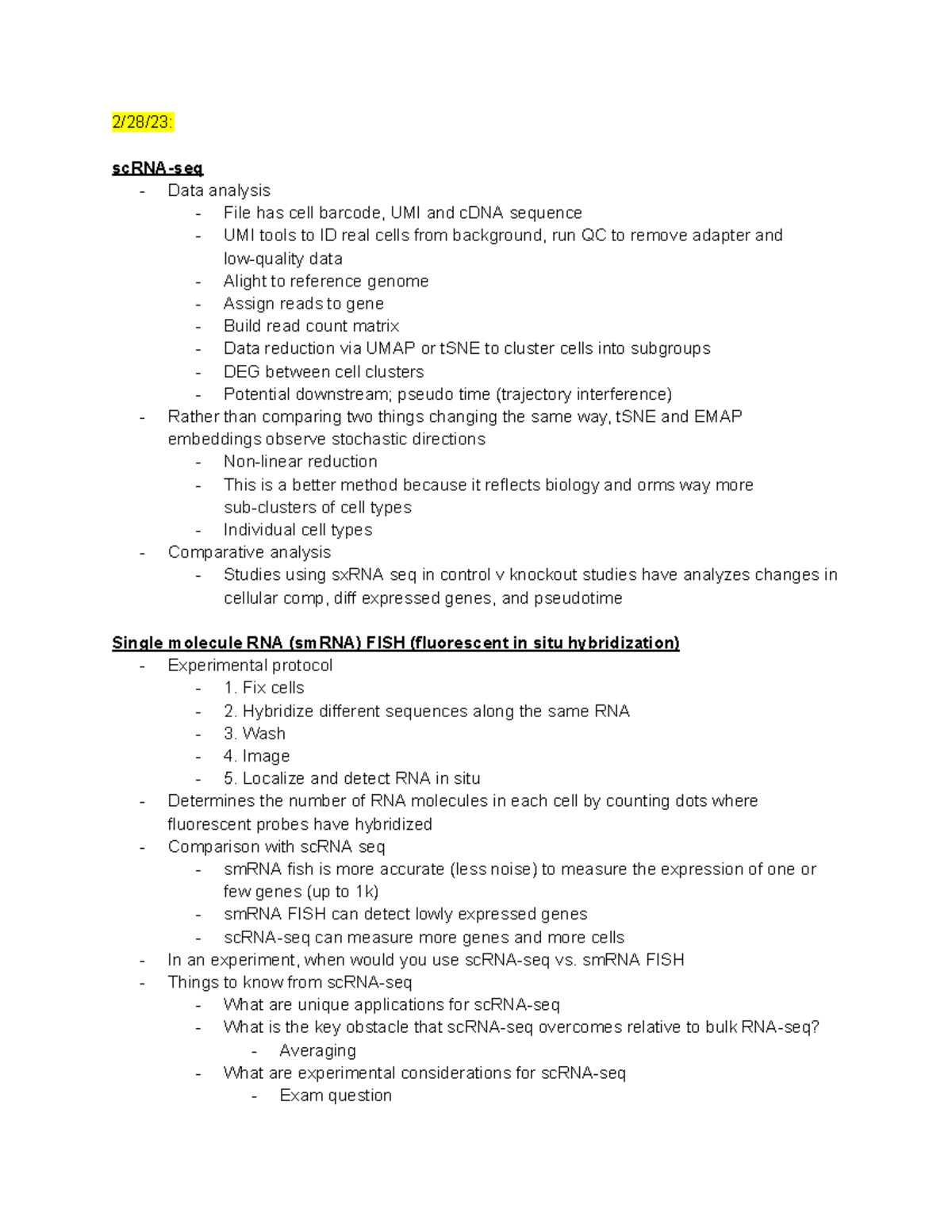 Biosc 1275 Genomics 2 - 2/28/23: scRNA-seq - Data analysis - File has ...