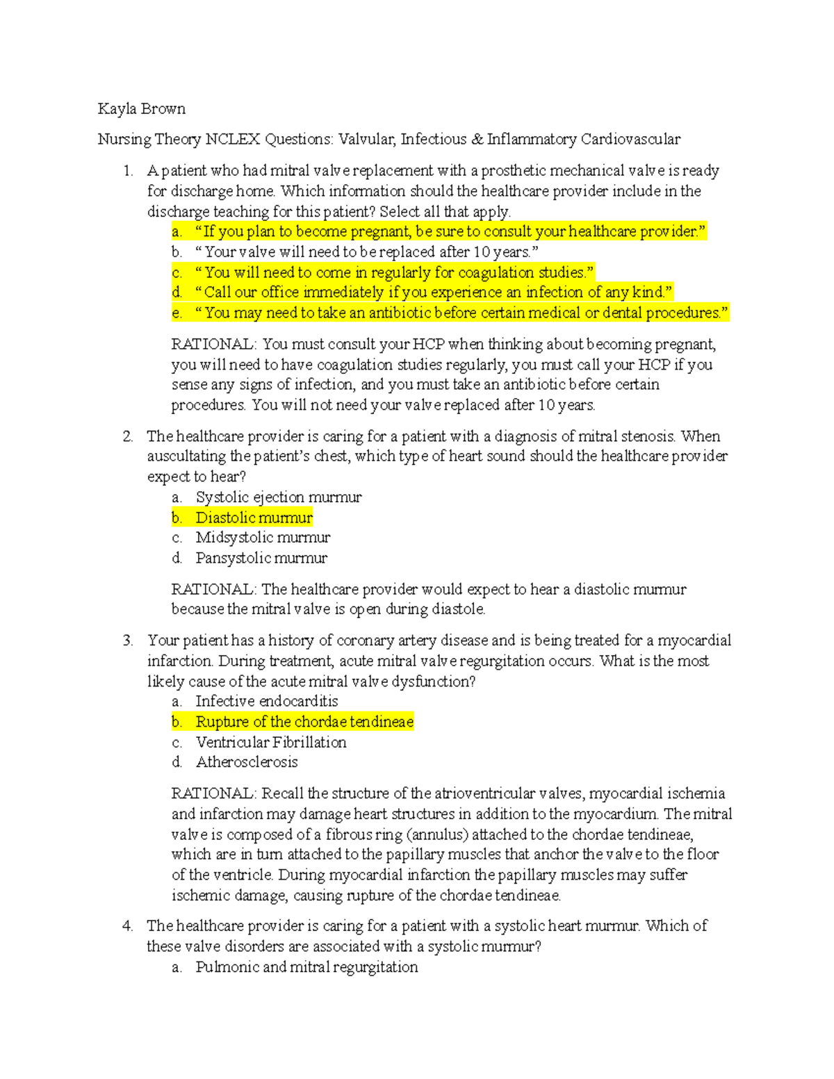 Nclex Questions - valvular, infectious, and inflammatory cardiovascular ...