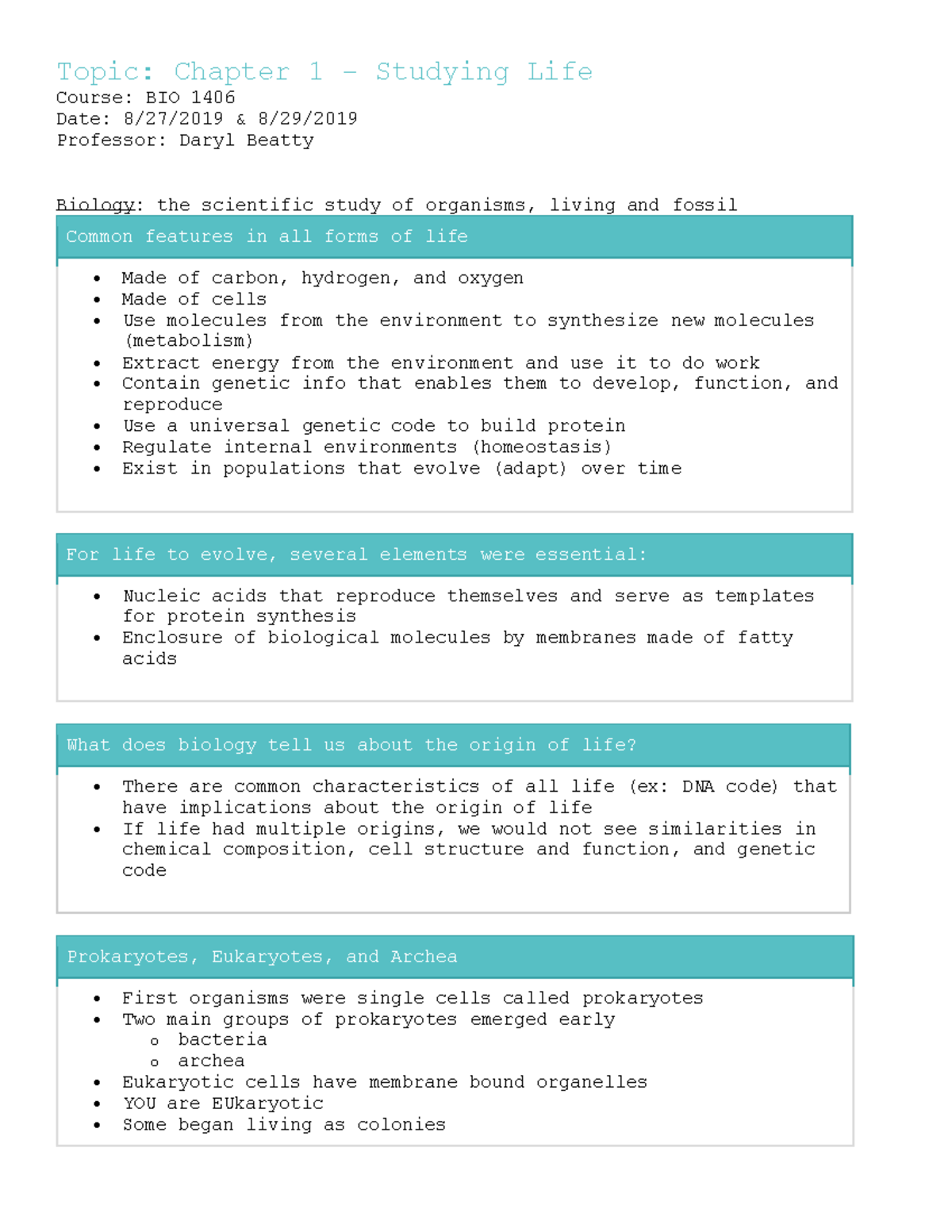 Chapter 1 - Topic: Chapter 1 - Studying Life Course: BIO 1406 Date: 8 ...
