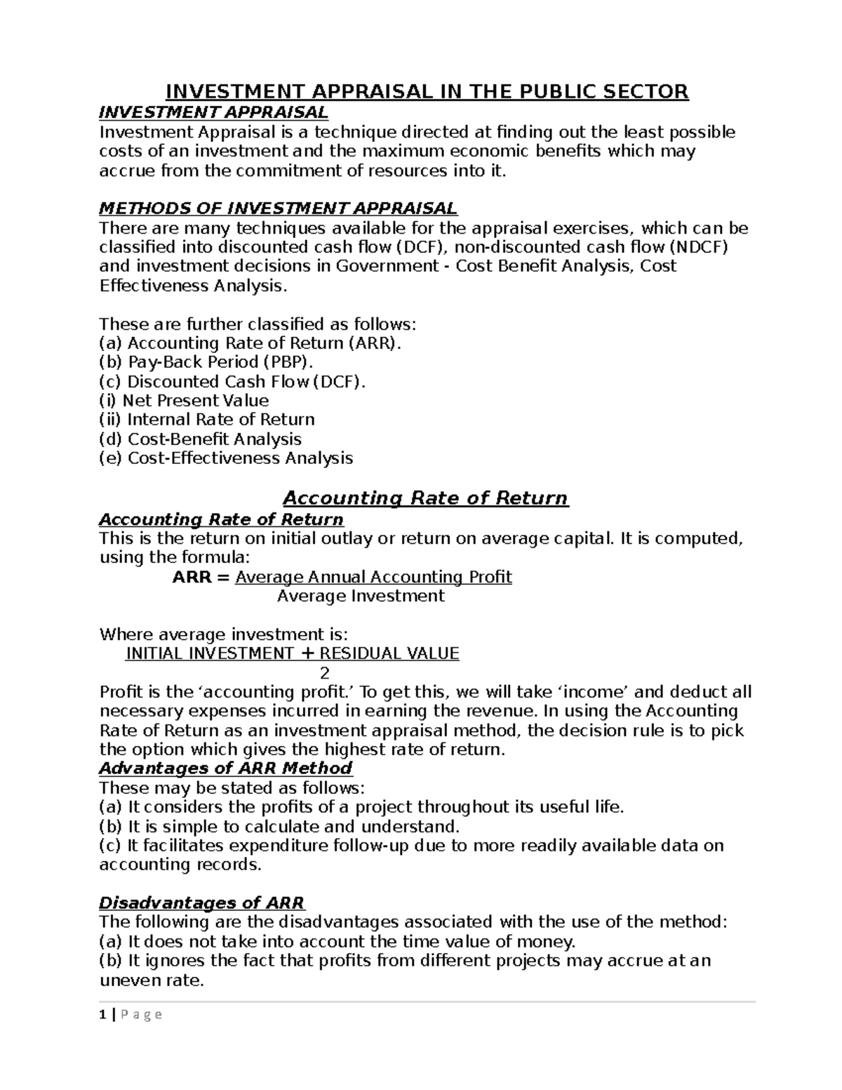 Investment Appraisal IN THE Public Sector. Notes - Financial accounting ...