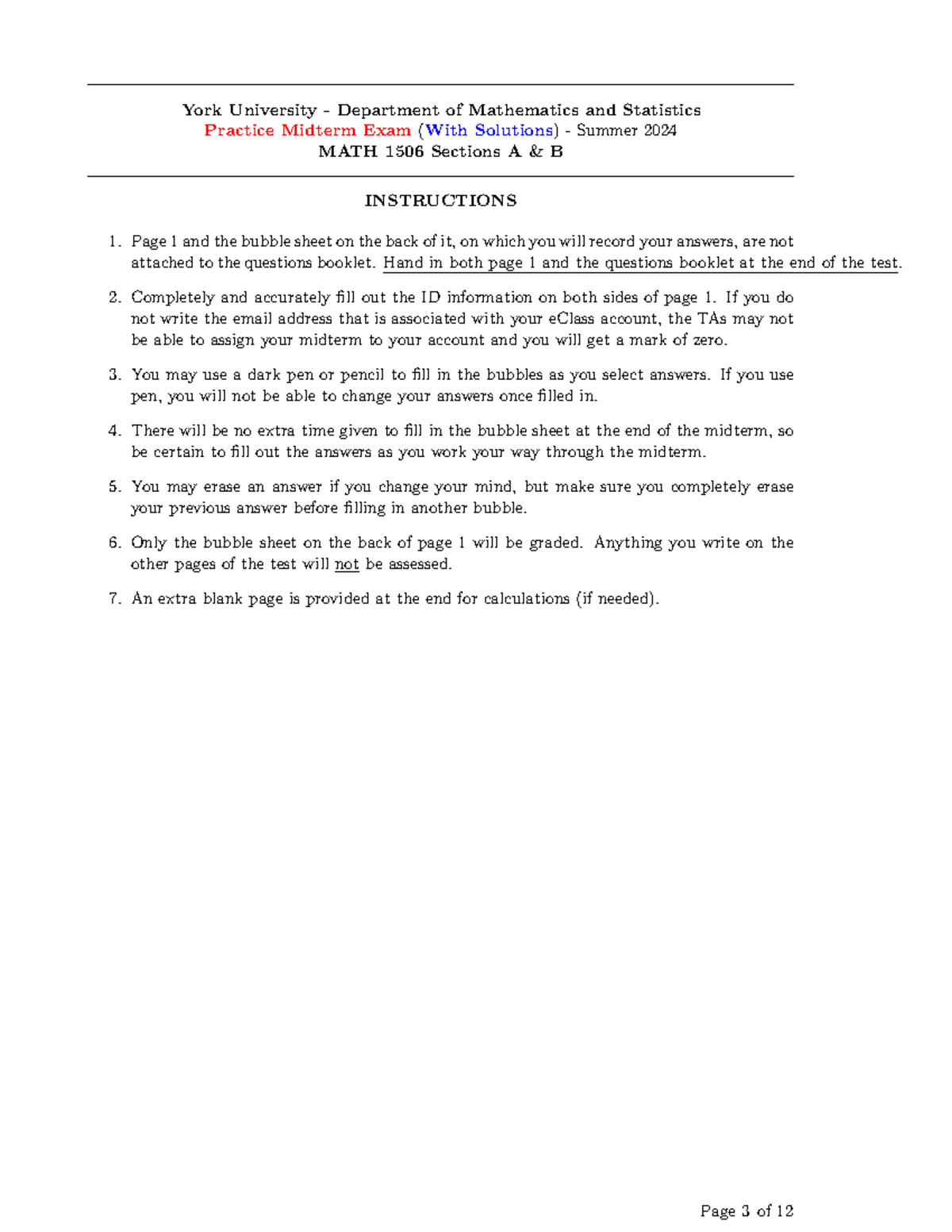 Practice midterm with solutions for math1506 - York University ...