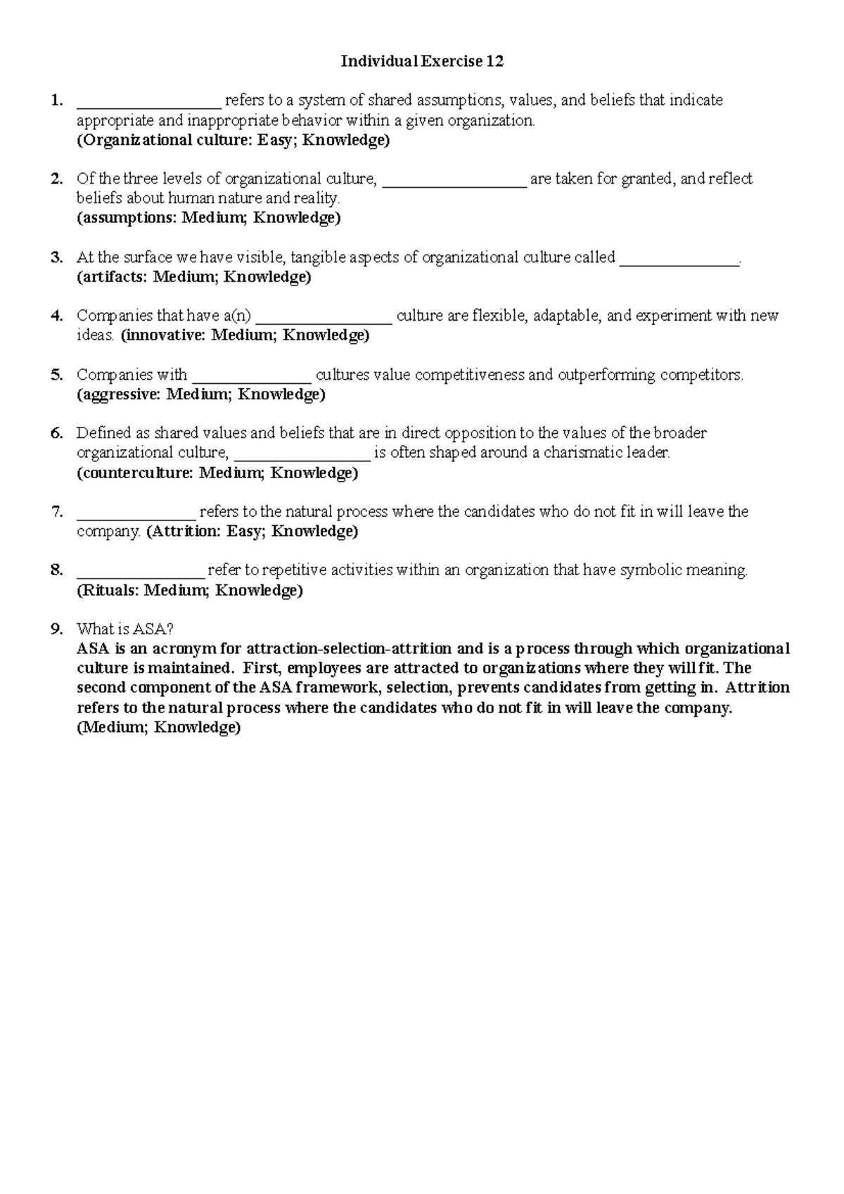 Individual Exercise 12 Answers - Individual Exercise 12 1. refers to a ...