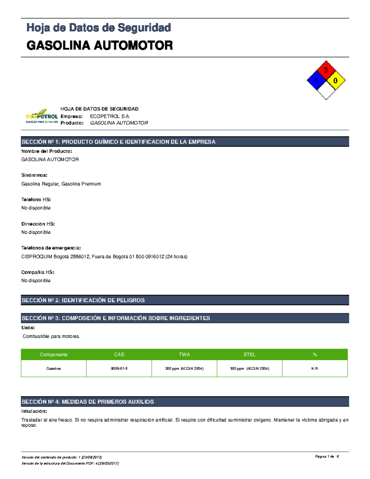 SDS-FC-+Gasolina+Corriente+vigente - 3 1 0 GASOLINA AUTOMOTOR HOJA DE ...