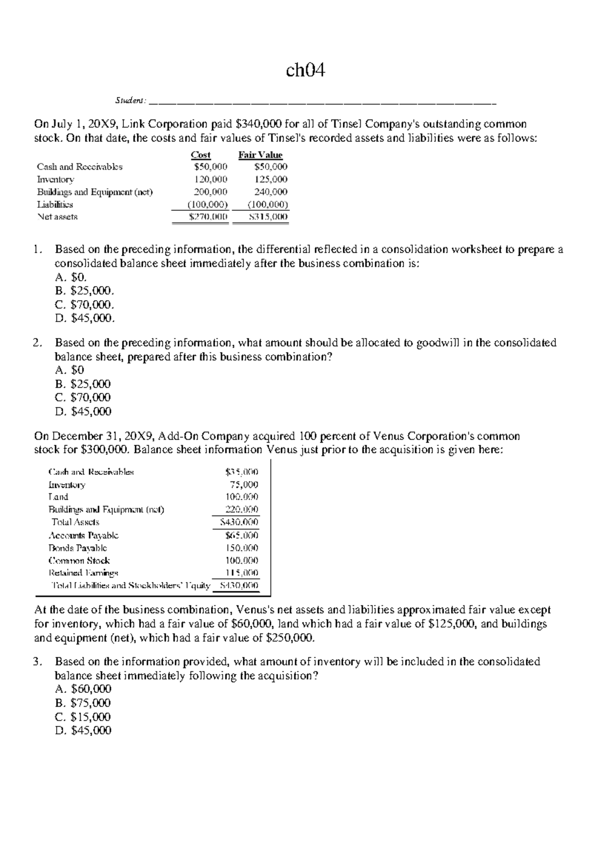 Chapter 4 - Test Bank - Advanced Fin. Acctg. Baker - ch Student: - Studocu