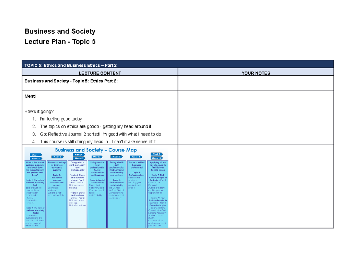 BS - Week 5 - Lecture - Plan - Business and Society Lecture Plan - Topic 5 TOPIC 5: Ethics and ...