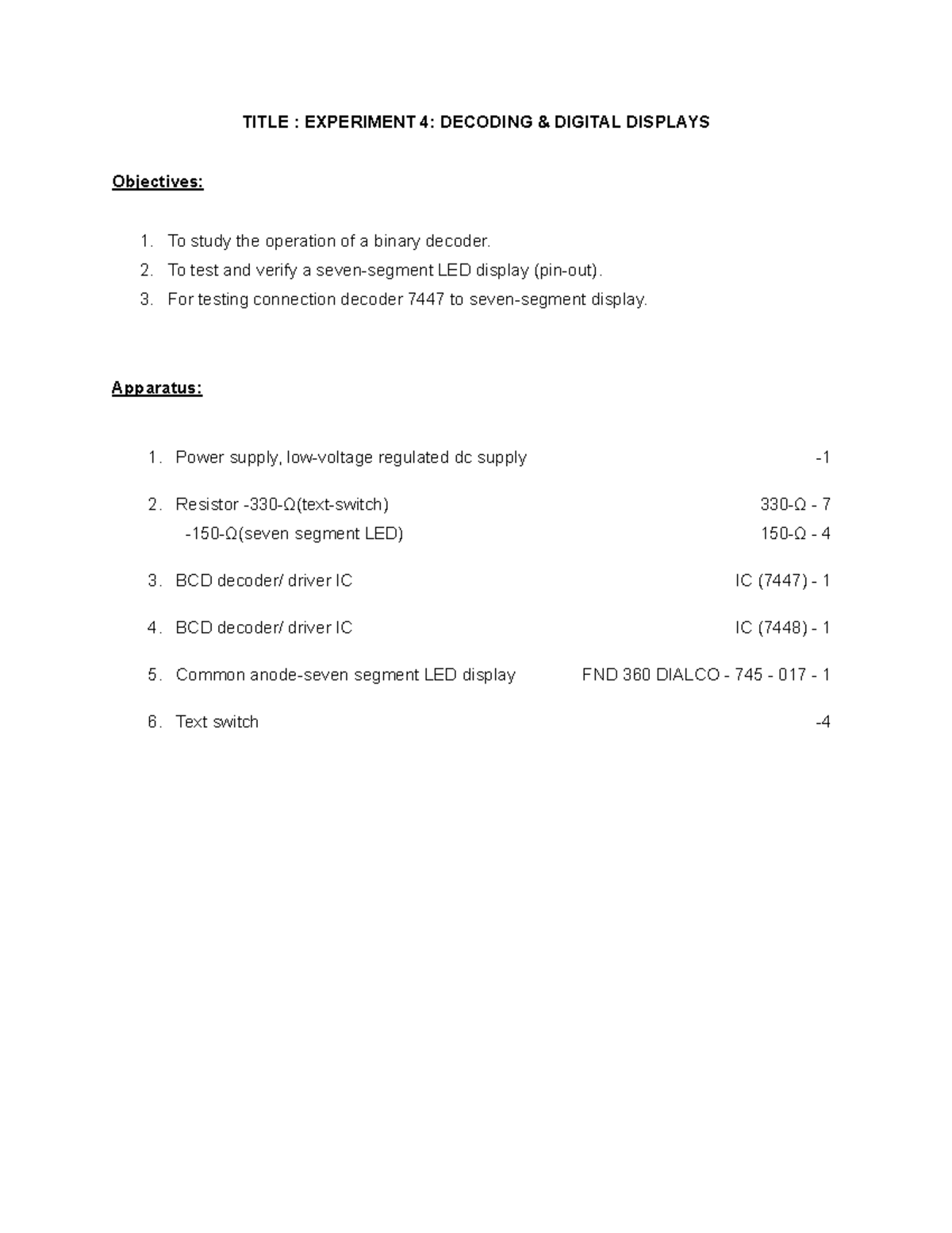 PHY340 Experiment 4 Decoding & Digital Displays - TITLE : EXPERIMENT 4 ...