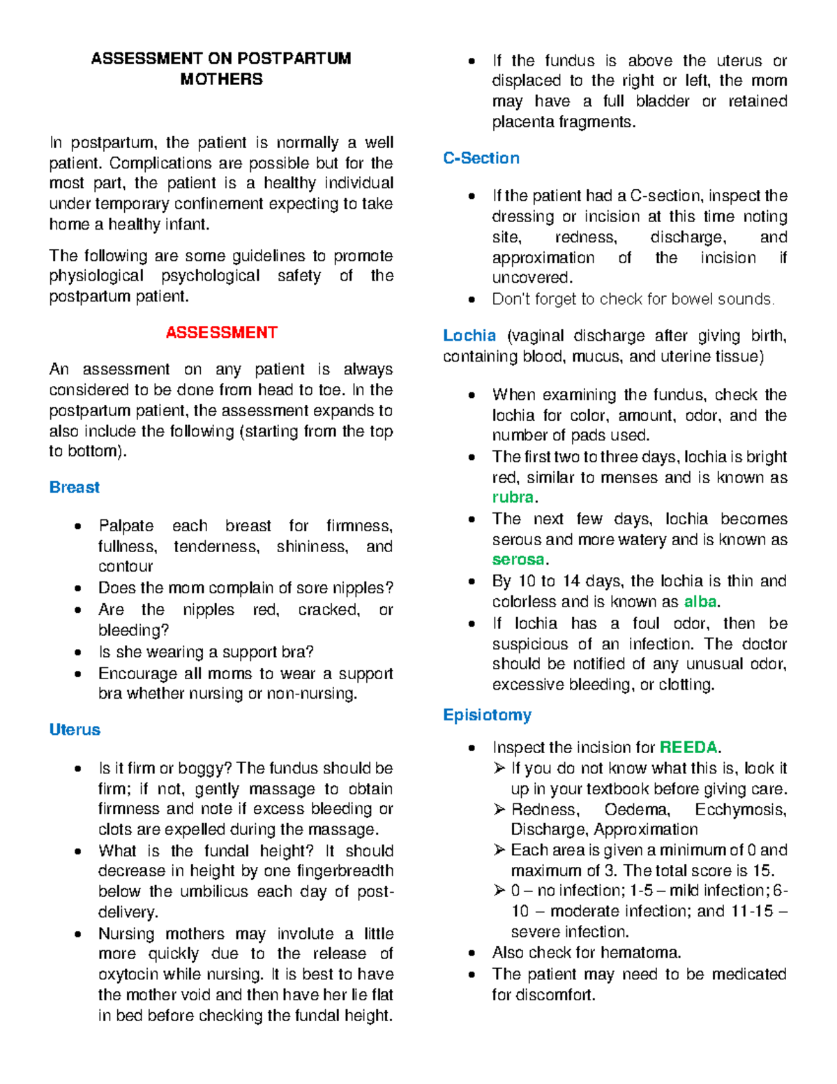 Assessment ON Postpartum Mothers Transcript (RLE return) - ASSESSMENT ...