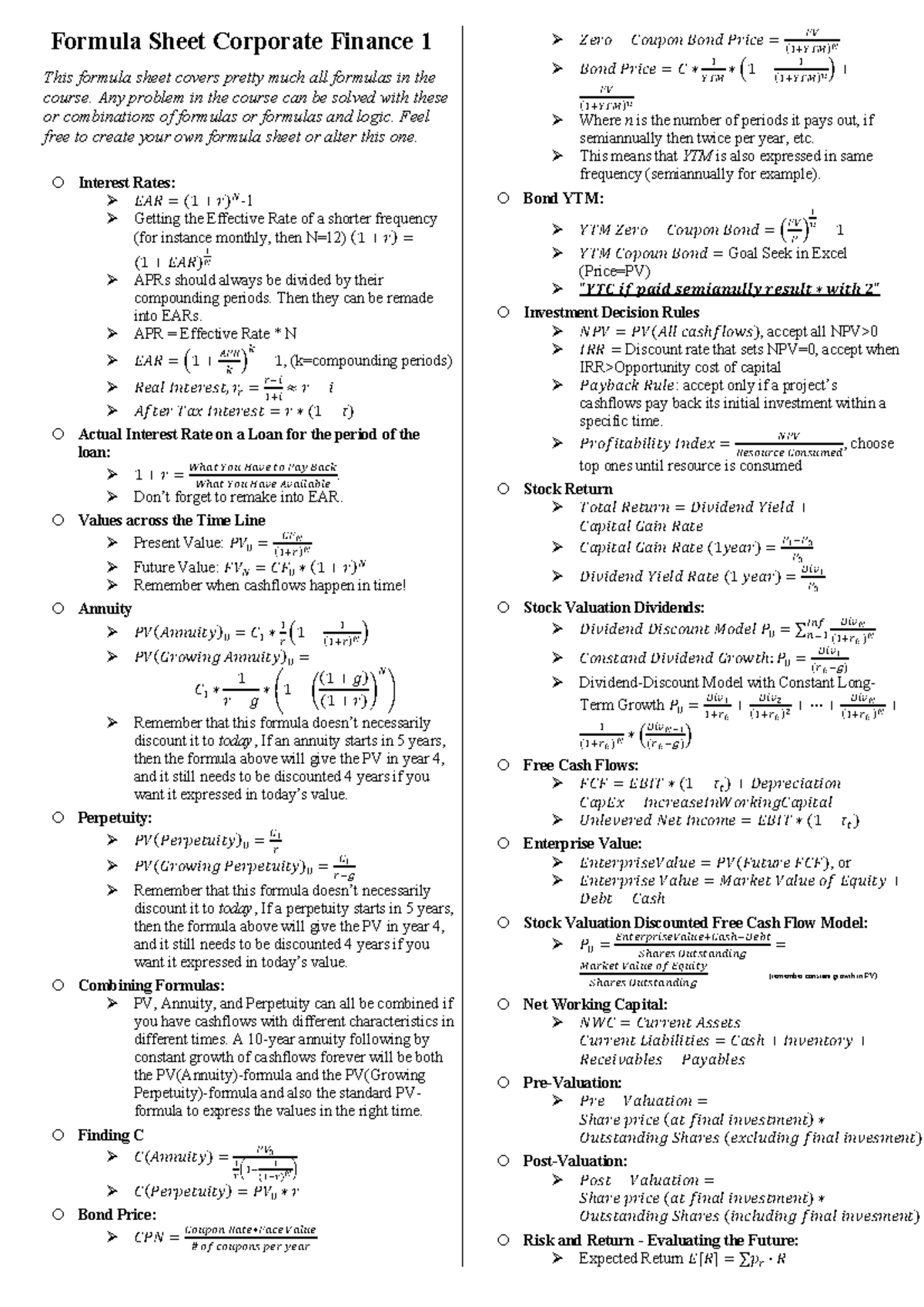 Formula Sheet CF1 tenta - Formula Sheet Corporate Finance 1 This ...