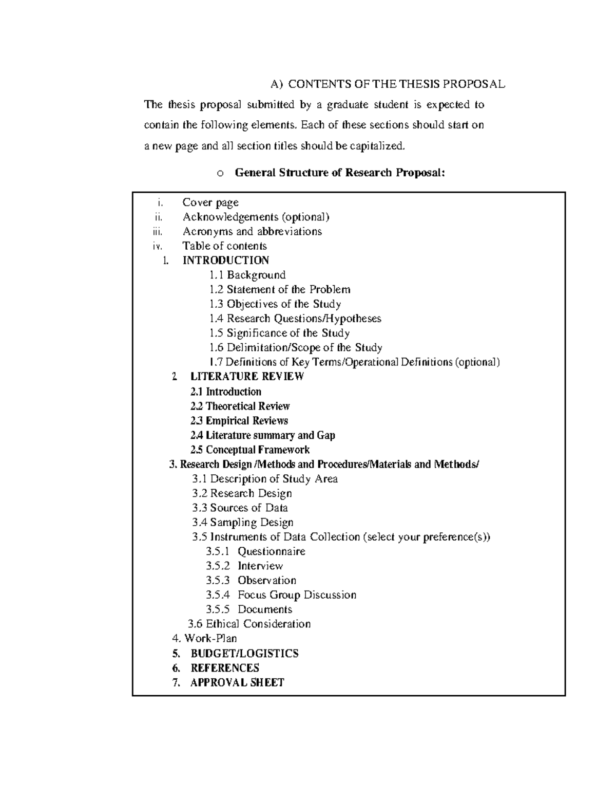 Contents OF THE Thesis Proposal - i. Cover page ii. Acknowledgements ...